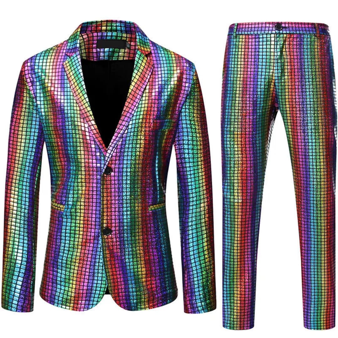 Mens Stage Prom Suits Shiny Rainbow Plaid Sequin Jacket Pants Men Dance ...