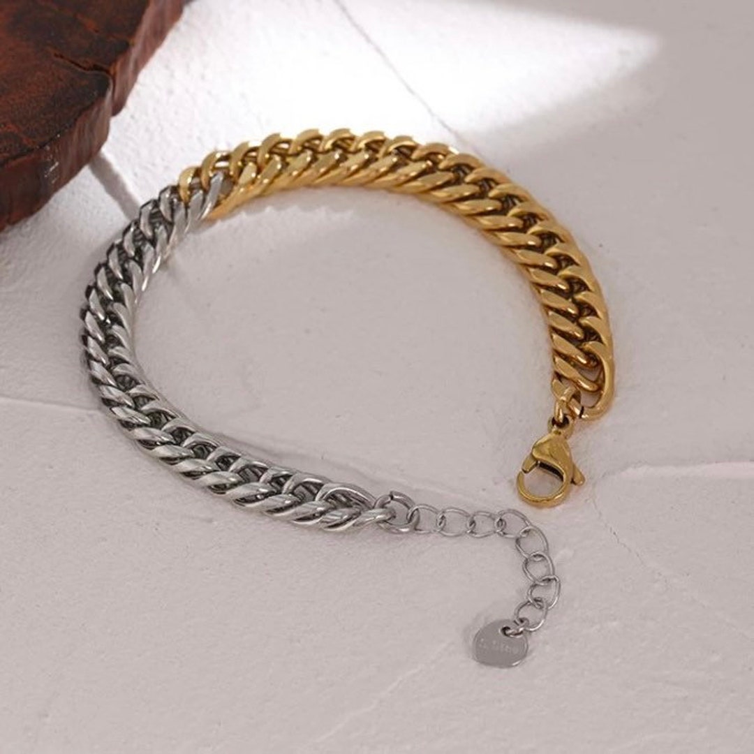Gold Silver Chain Bracelet, Half Gold Half Silver Bracelet, Chunky Link ...