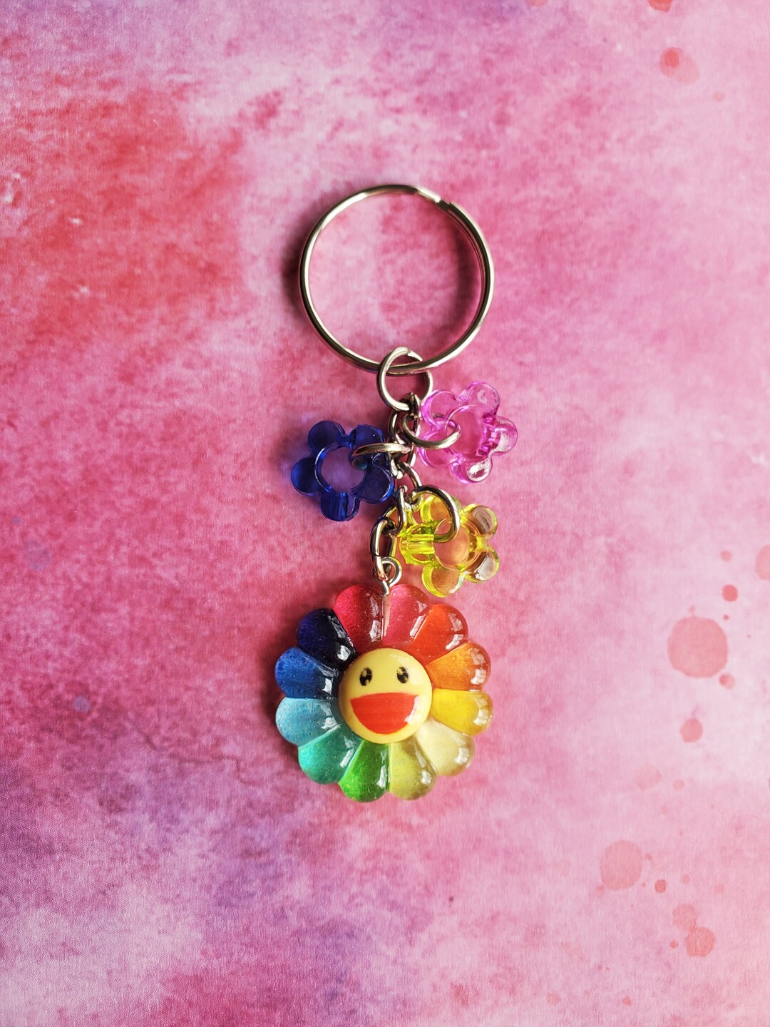 Rainbow Flower Keychain, Colorful Flower Keyring, Happy Face Flower ...