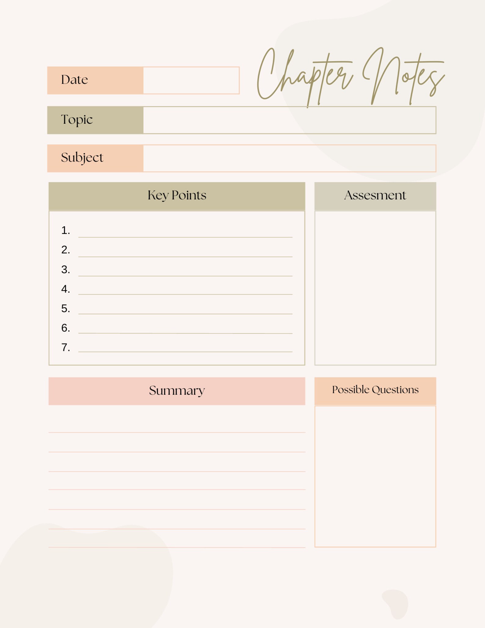 Chapter Notes Worksheet - Etsy