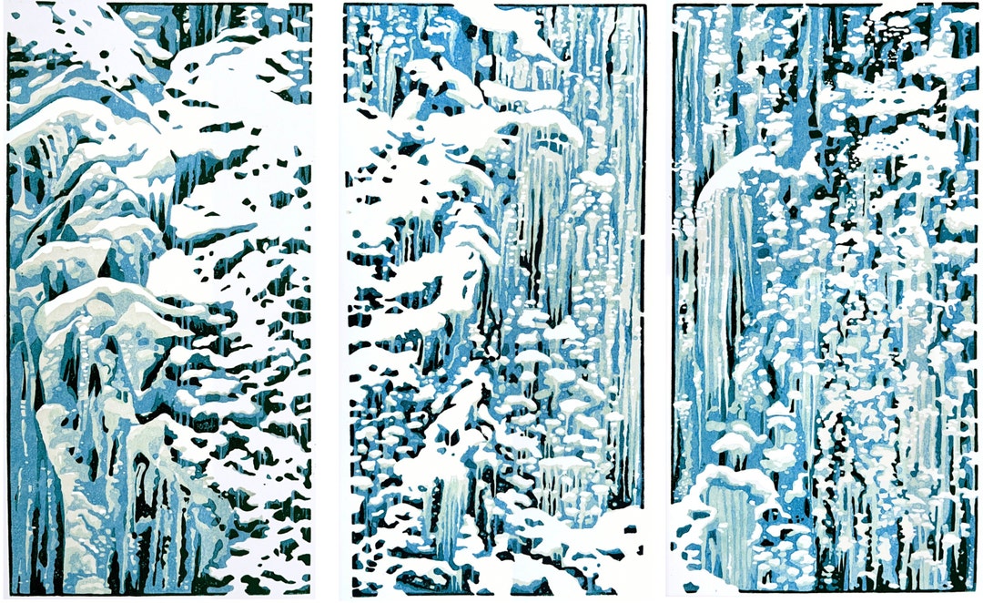 Triptych -snowy Ice-capped Winter Frozen Waterfall Glacier Hand-carved ...