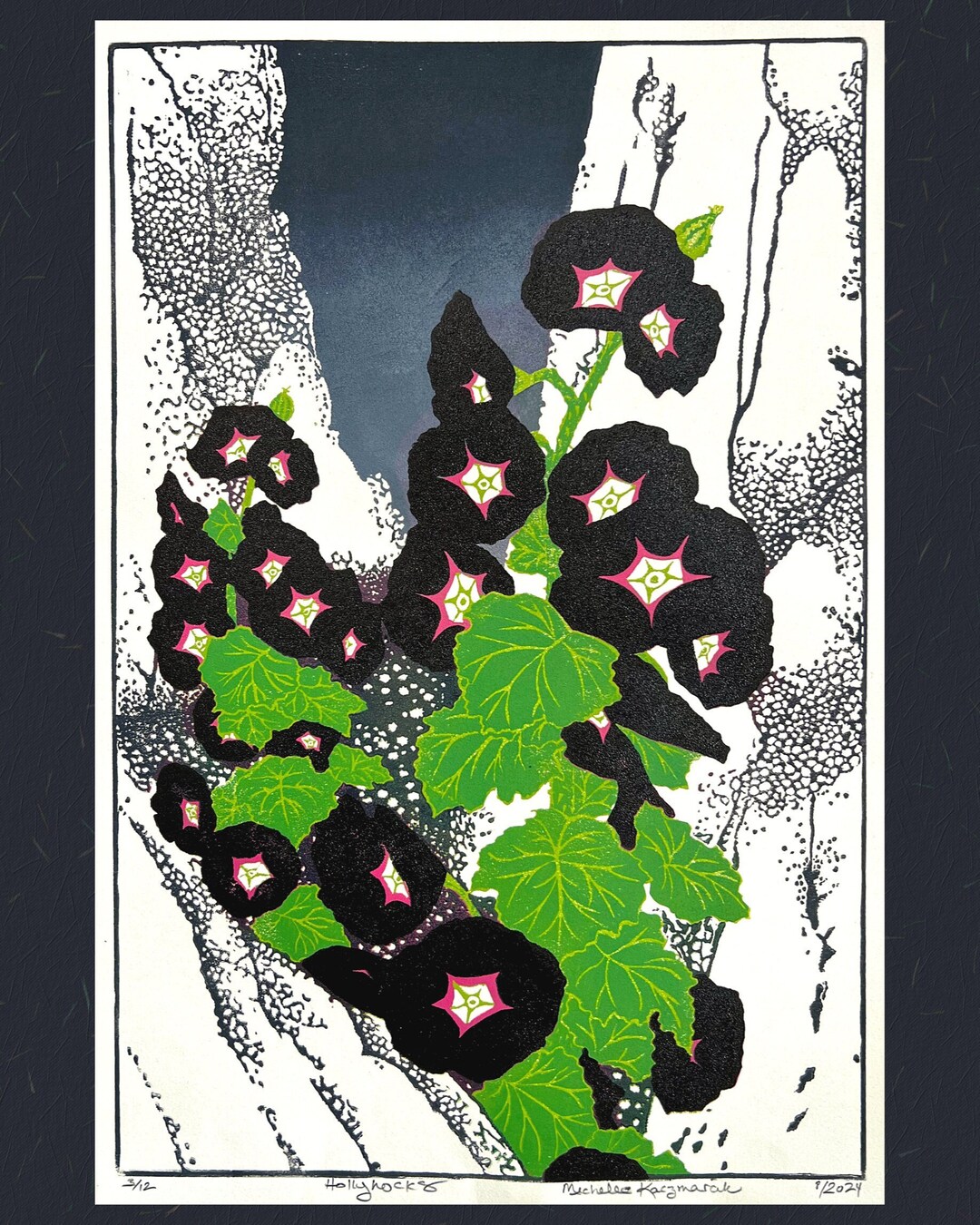 Hollyhocks Print | Flower Art | Reduction Lino Print | Gift for Plant ...