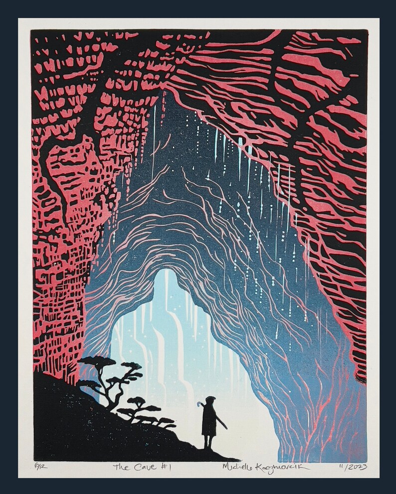 Waterfall and Cave Series 1 Original Linocut Relief Block Print Wall ...
