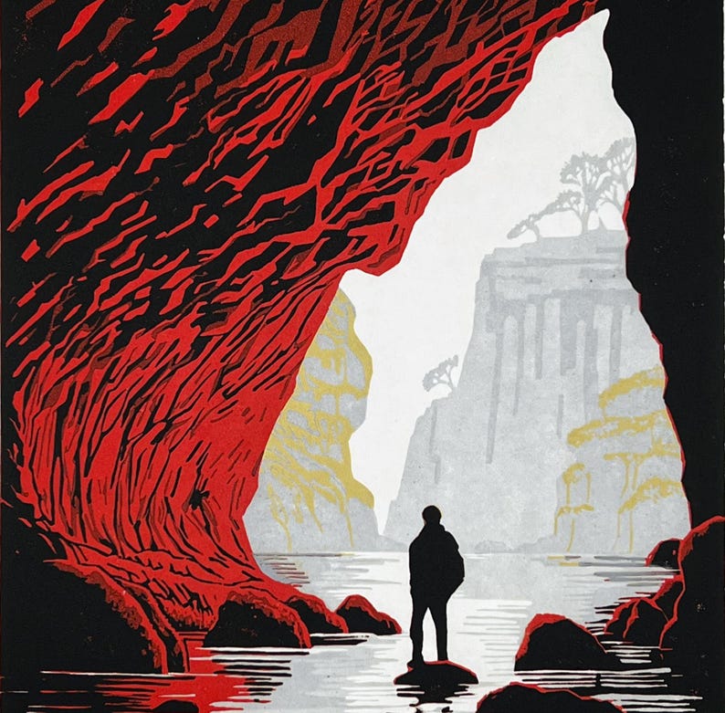 Hand-carved Art Print | Red Rock Cave | Original Linocut Print | Gift ...