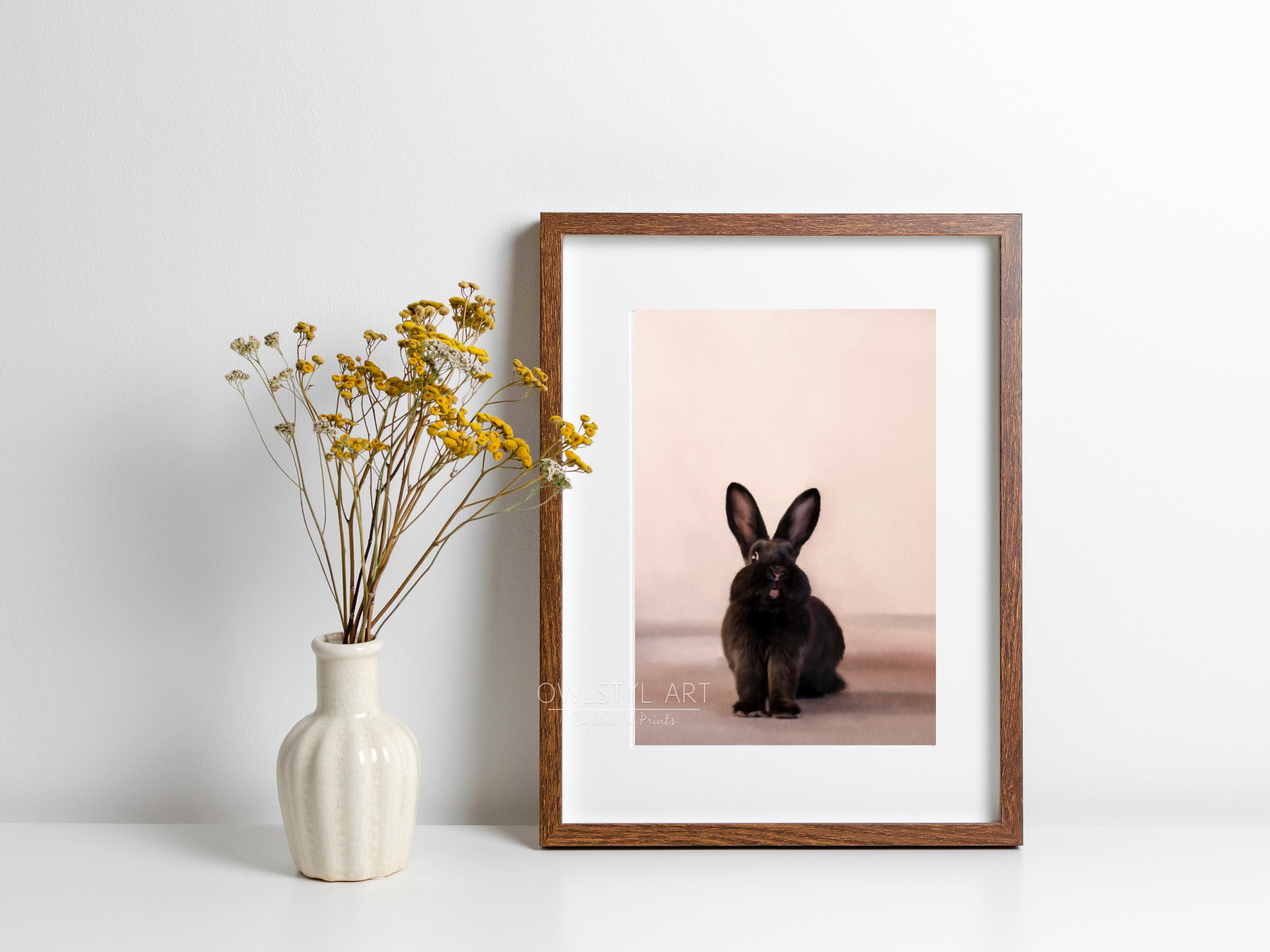 Cute Black Bunny Painting Digital Download Beige Neutral Background ...