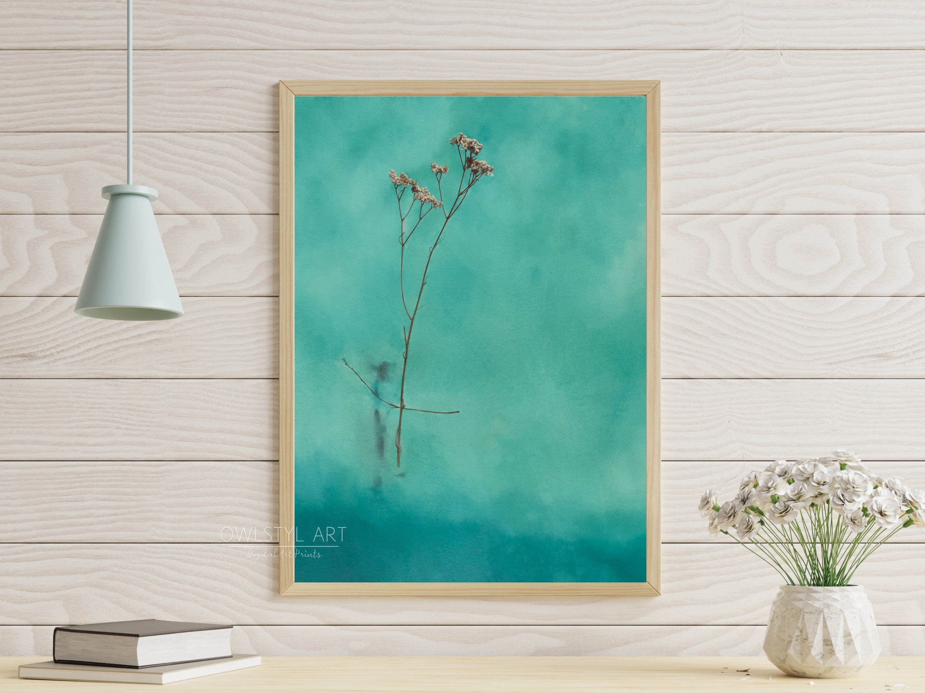 Teal Water and Flowers Watercolor Painting, Wall Art, Digital Download ...