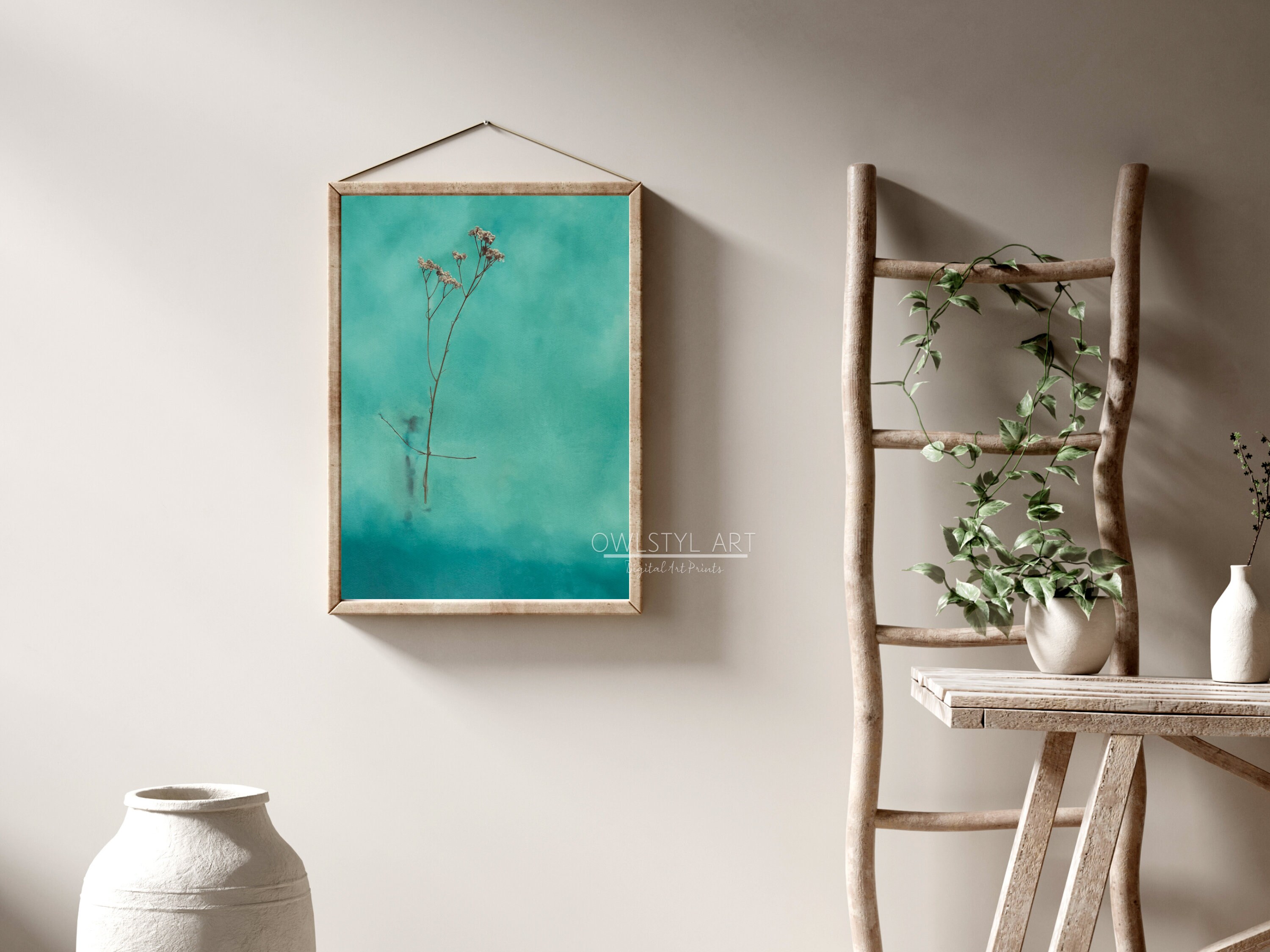 Teal Water and Flowers Watercolor Painting, Wall Art, Digital Download ...