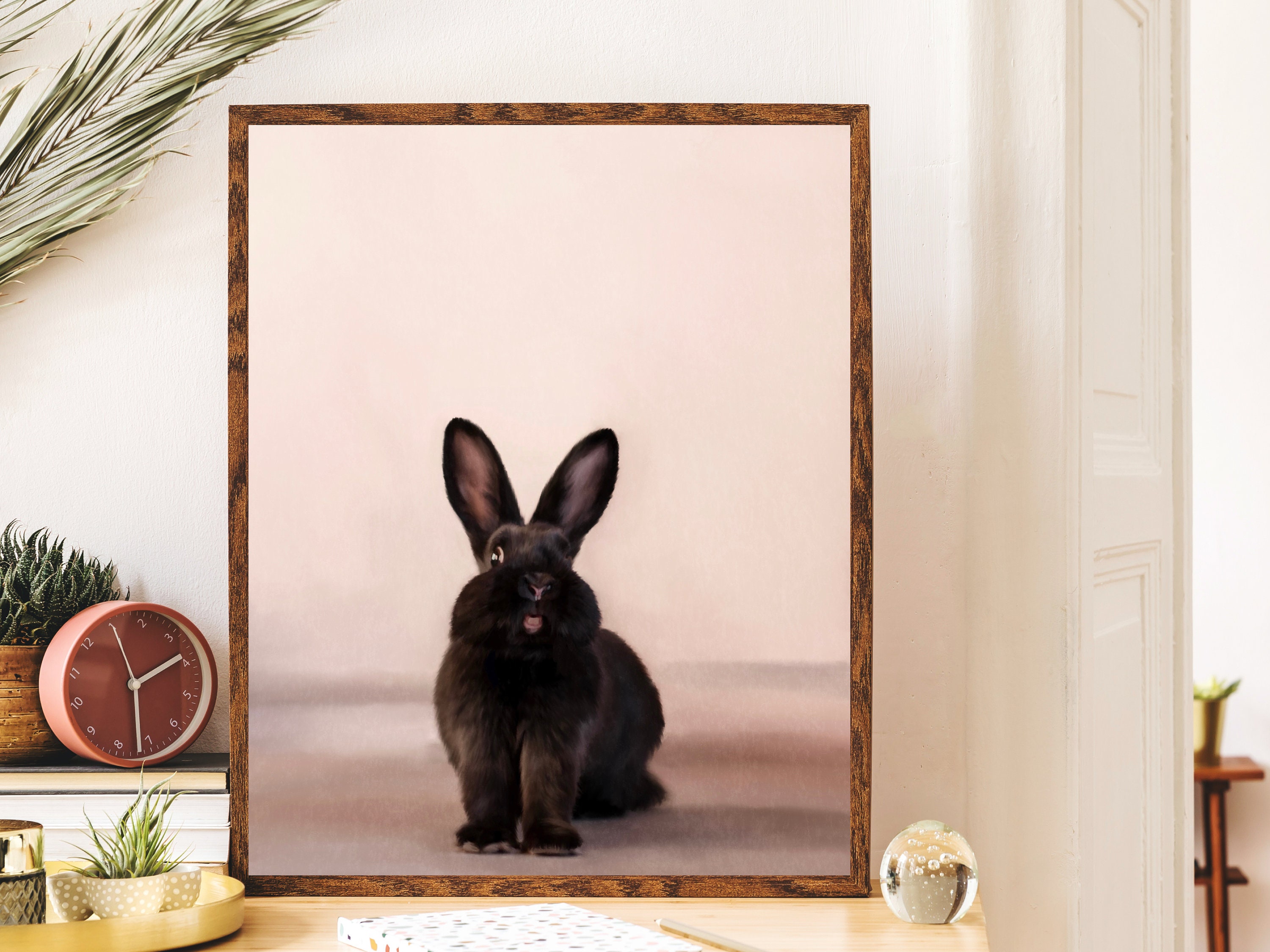 Cute Black Bunny Painting Digital Download Beige Neutral Background ...