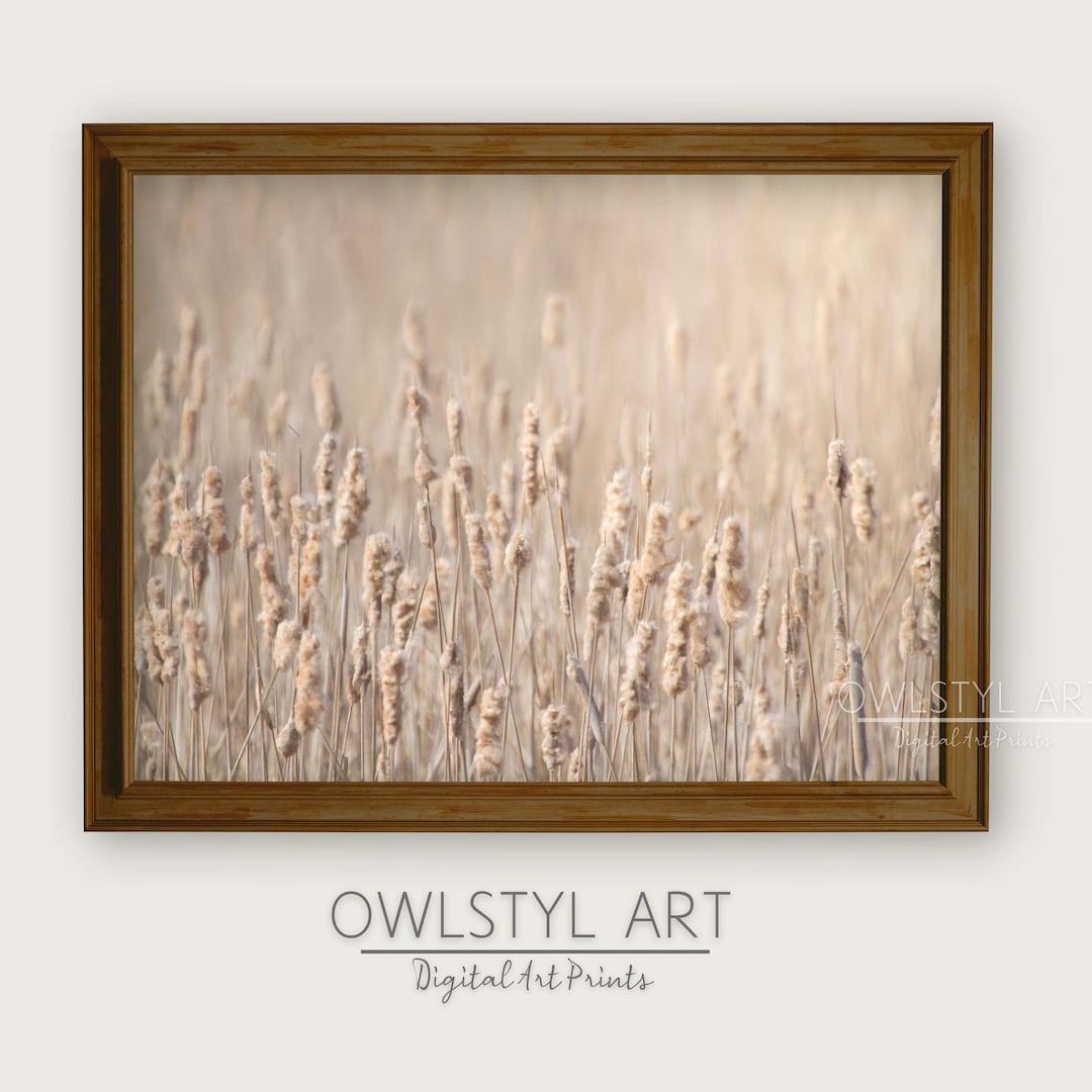 Neutral Horizontal Wall Art, Cattail Field Painting, Digital Download ...