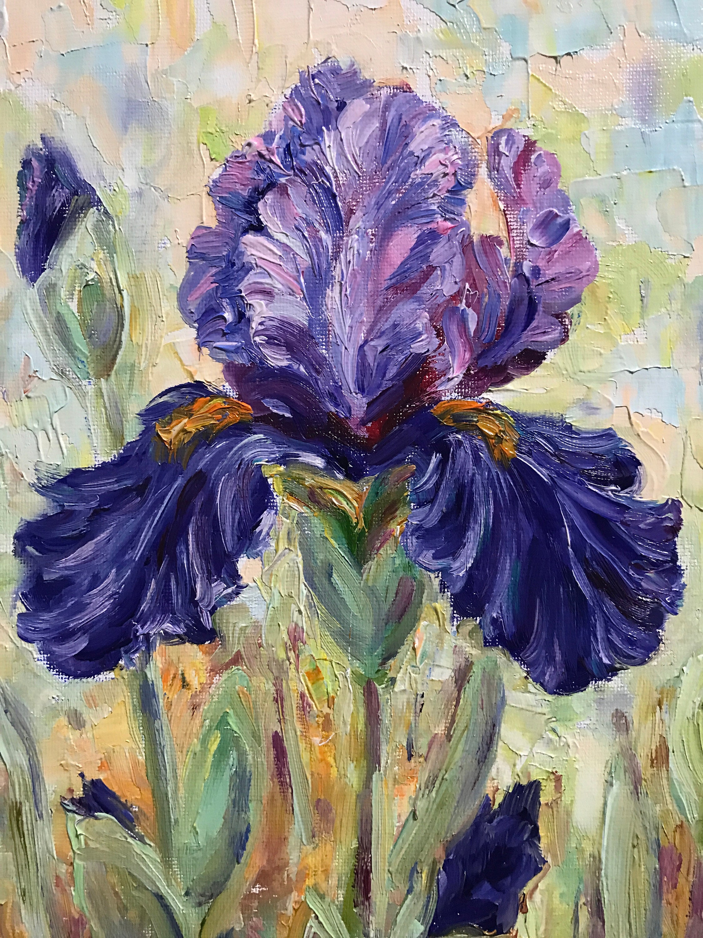 Original Oil Painting Dark Blue Iris Flower Painting Garden - Etsy