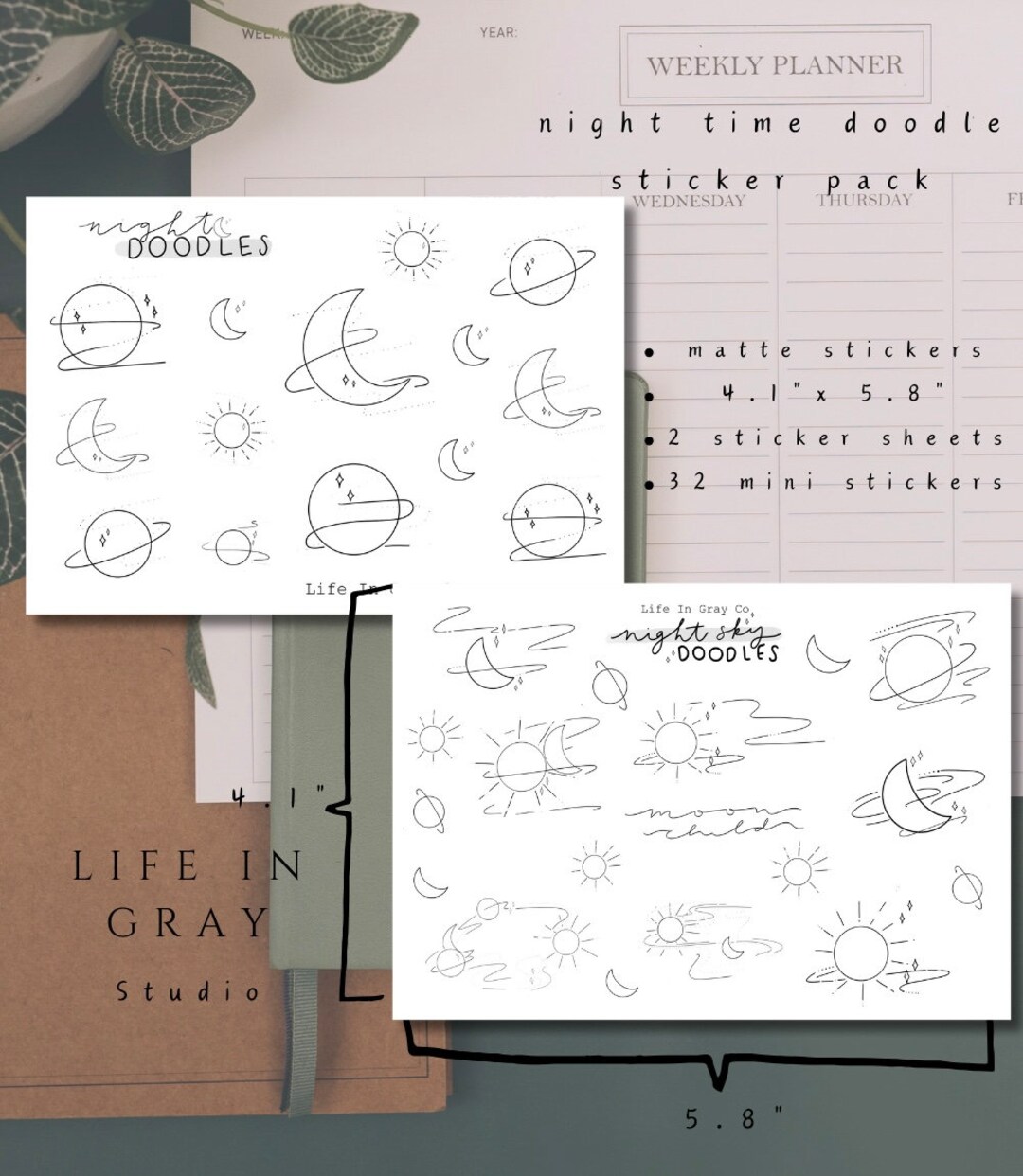 Night Sky Doodle Sticker Pack Planning Stickers - Etsy