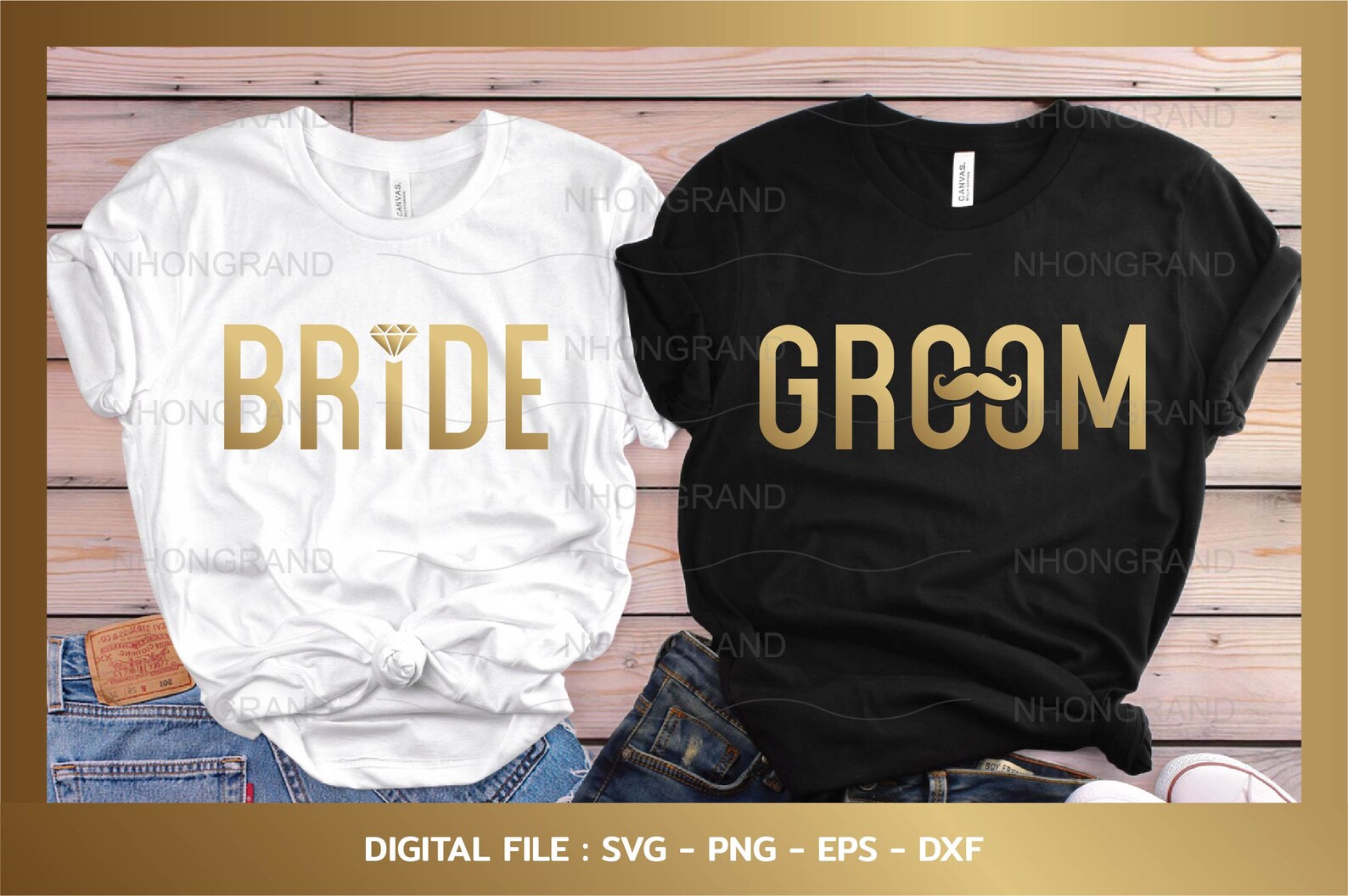 Bride Groom Couple With Diamond Ring and Mustache Golden - Etsy