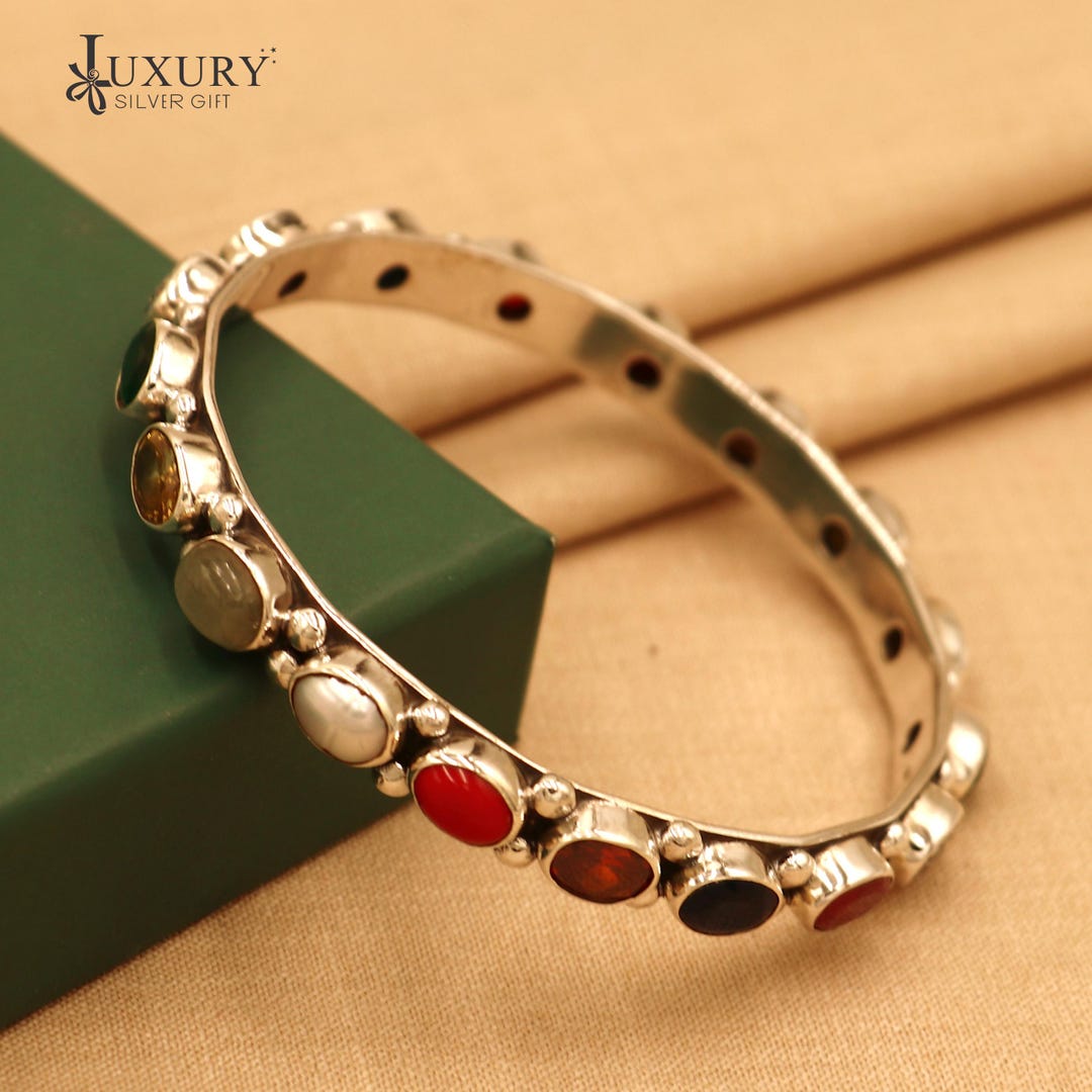 925 Sterling Silver Navratna Stone Bangle Bracelet Kada Women Jewelry ...