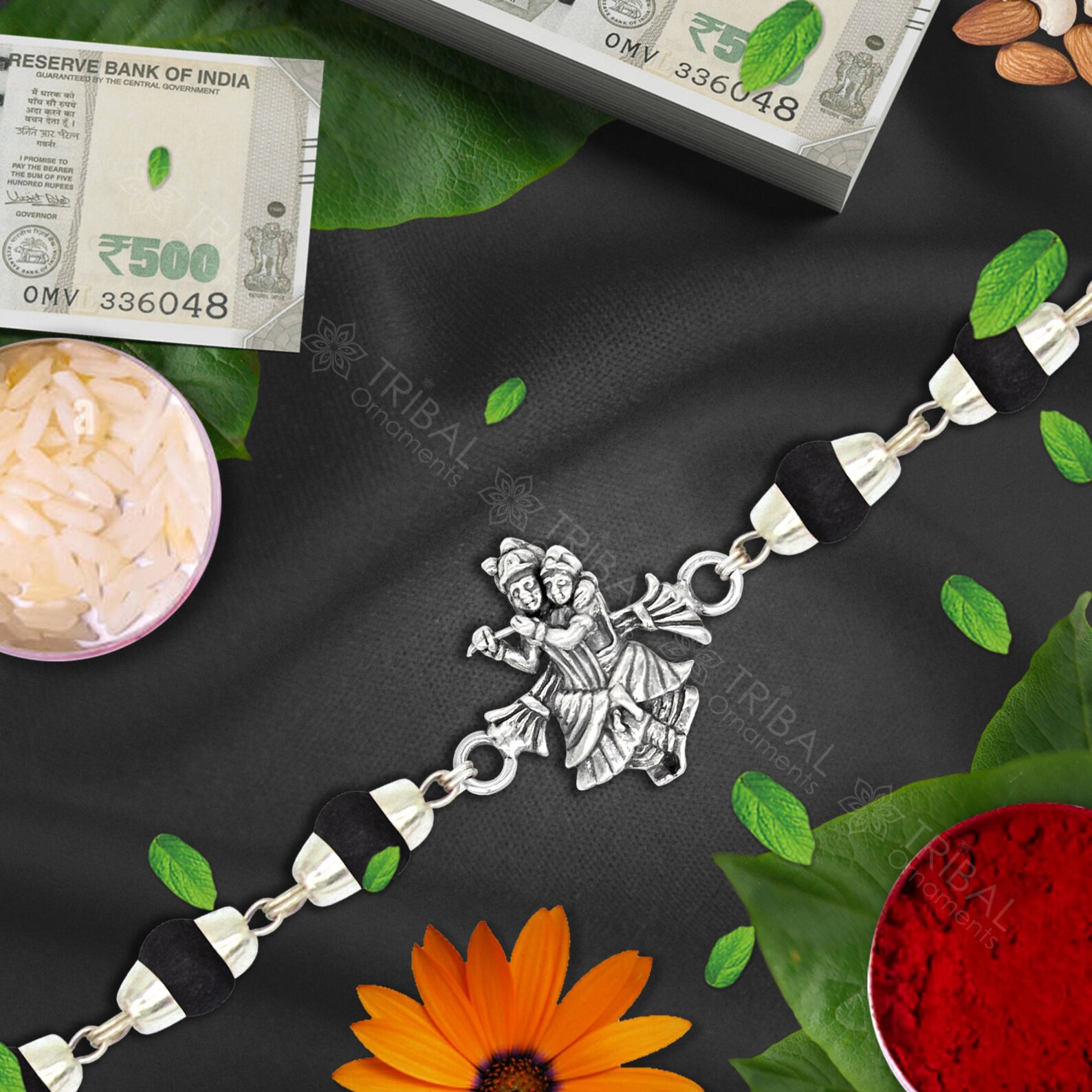 Lord Krishna Radhe Krishna Design 925 Sterling Silver Rakhi Bracelet in ...