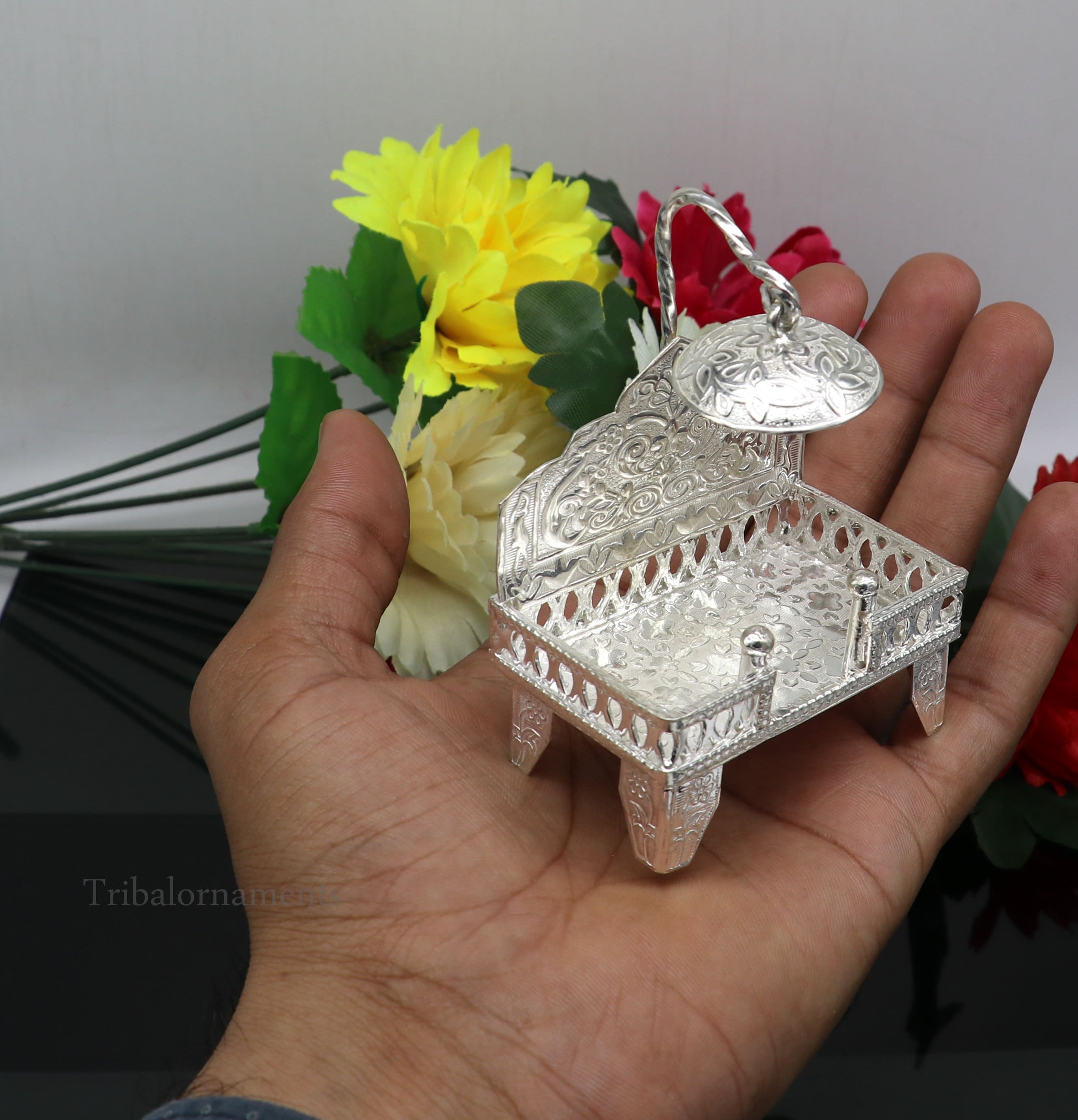 925 Pure Sterling Silver Handcrafted Small Singhasan, Idol Krishna Bal ...
