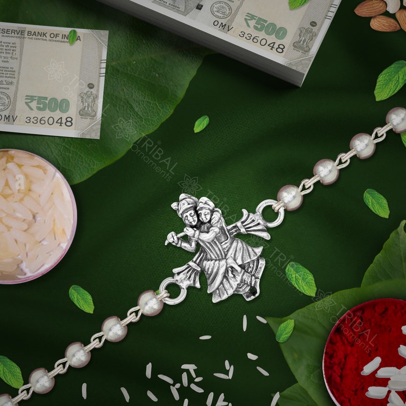 Lord Krishna Radhe Krishna Design 925 Sterling Silver Rakhi Bracelet in ...