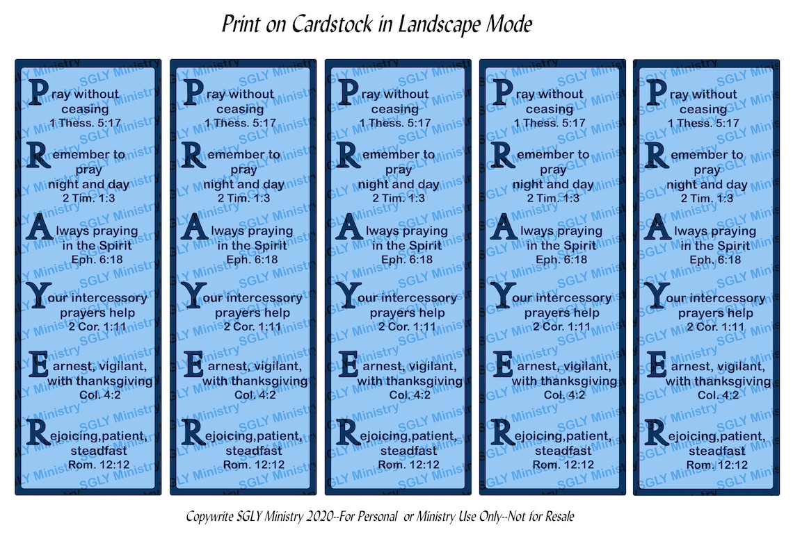 Prayer Bookmarks--collection of 5 Printable Acrostic Prayer Bookmarks ...