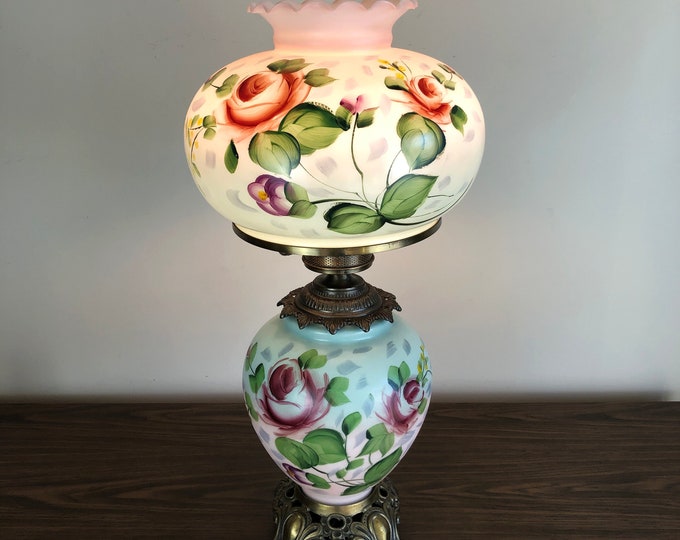 Large Vintage White Milk Glass Rose Hurricane Lamp, Hand Painted Roses ...