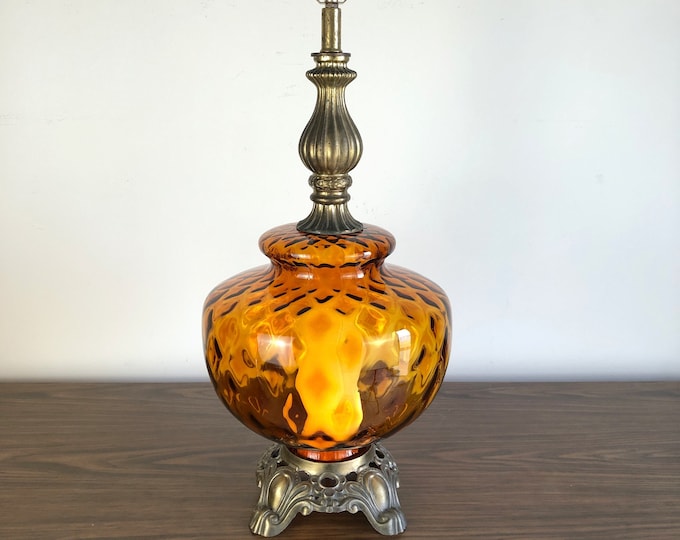 Vintage Amber Glass Table Lamp, Hollywood Regency Style Lamp, MCM Amber ...
