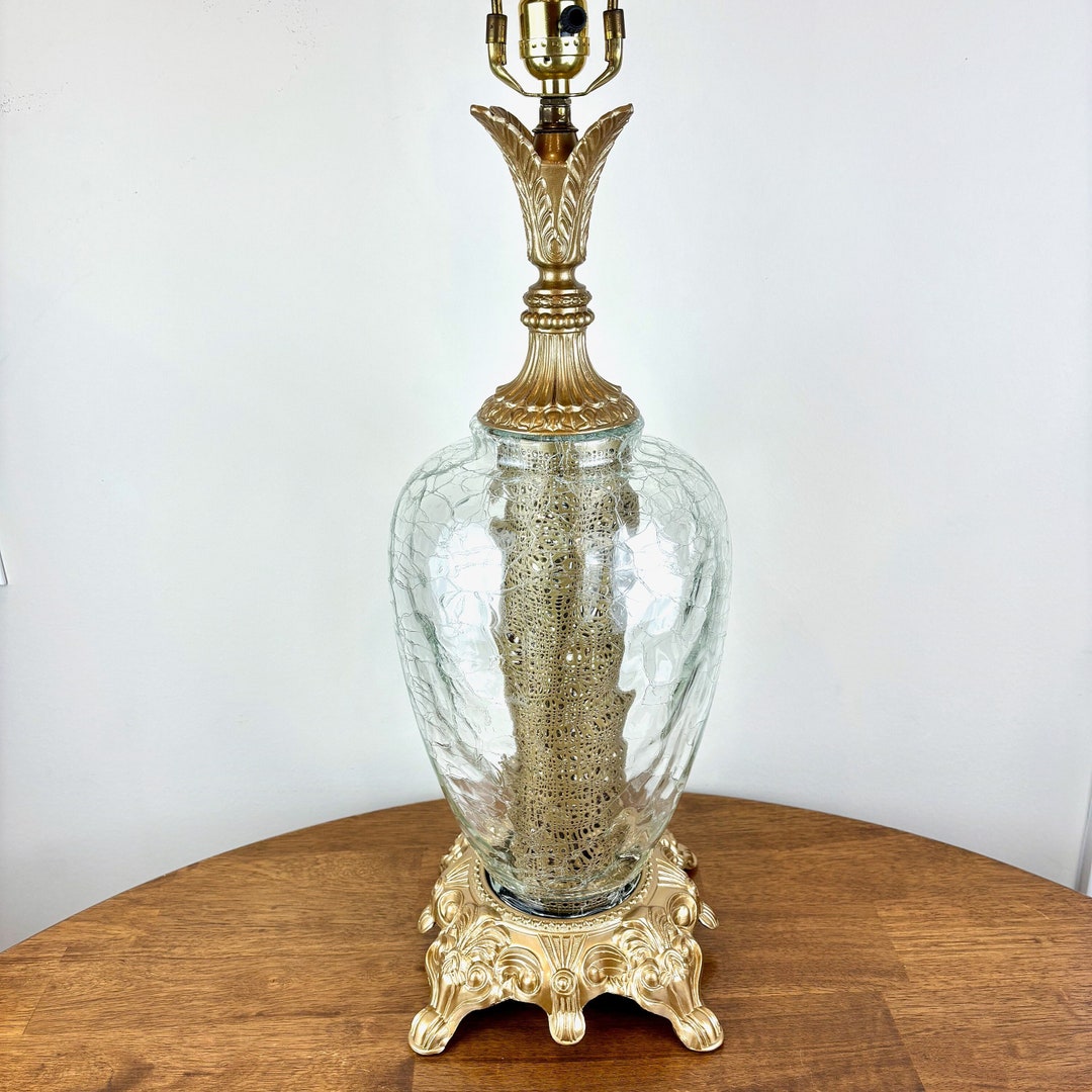 Vintage Clear Crackle Glass Table Lamp Hollywood Regency Style Lamp Mcm Glass Table Lamp 1960