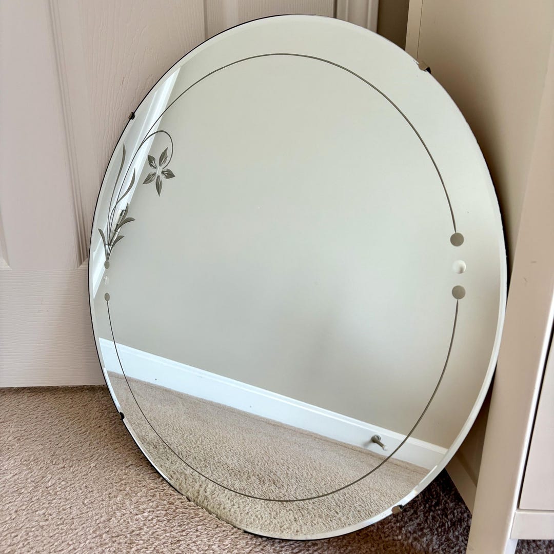 Vintage Frameless Beveled Etched Floral Circle Wall Mirror, 1940's ...