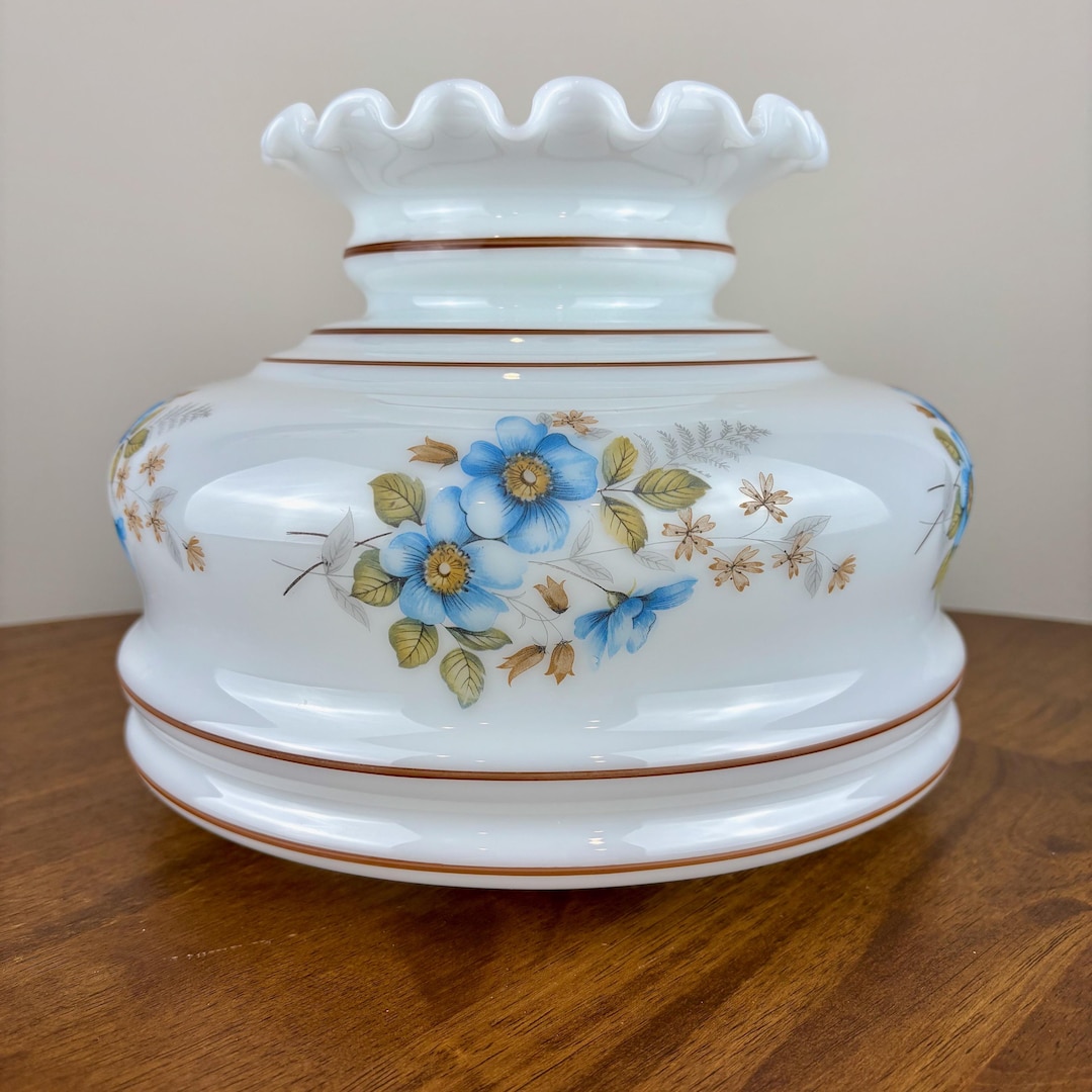 Vintage Hurricane Lamp Shade | Blue Floral Brown Trim Hurricane Lamp ...