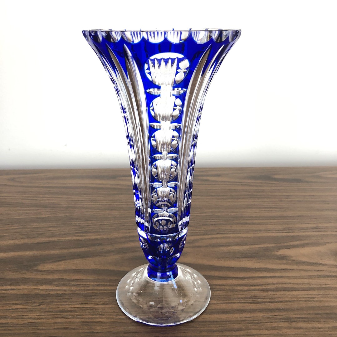 Vintage Cobalt Cut to Clear Crystal Pedestal Vase, Cobalt Cut to Clear Vase, Vintage Blue ...