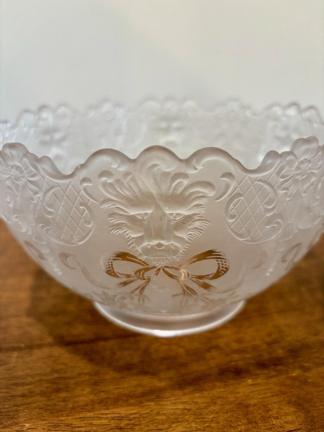 Antique Frosted Etched Glass Lion Floral Bow Gaslight Oil Lamp Shade ...