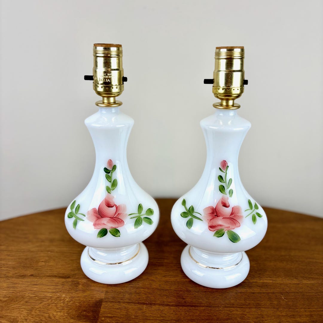 Vintage Pair Hand Painted Pink Roses Milk Glass Table Lamps, Bedroom ...