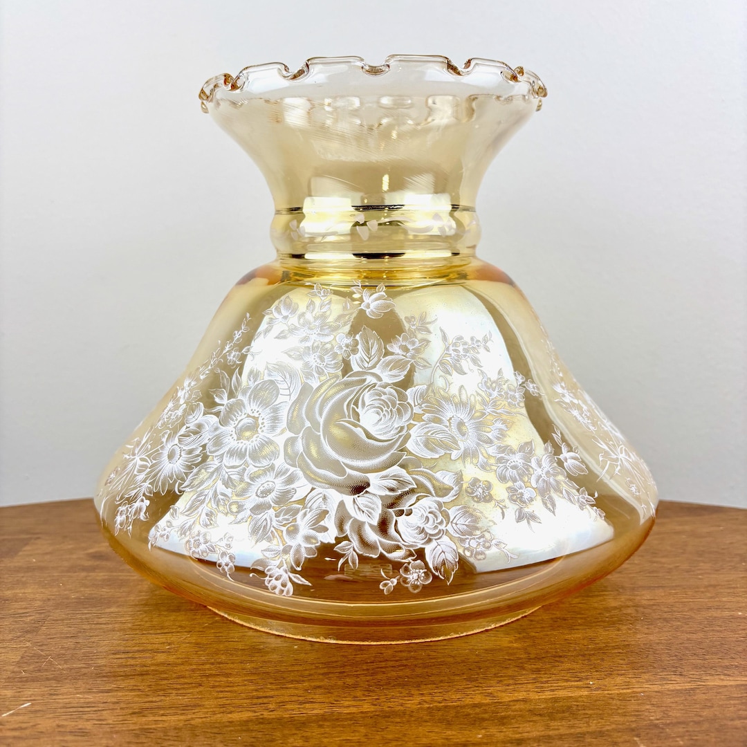 Vintage Hurricane Lamp Shade | Amber Luster White Floral Hurricane ...