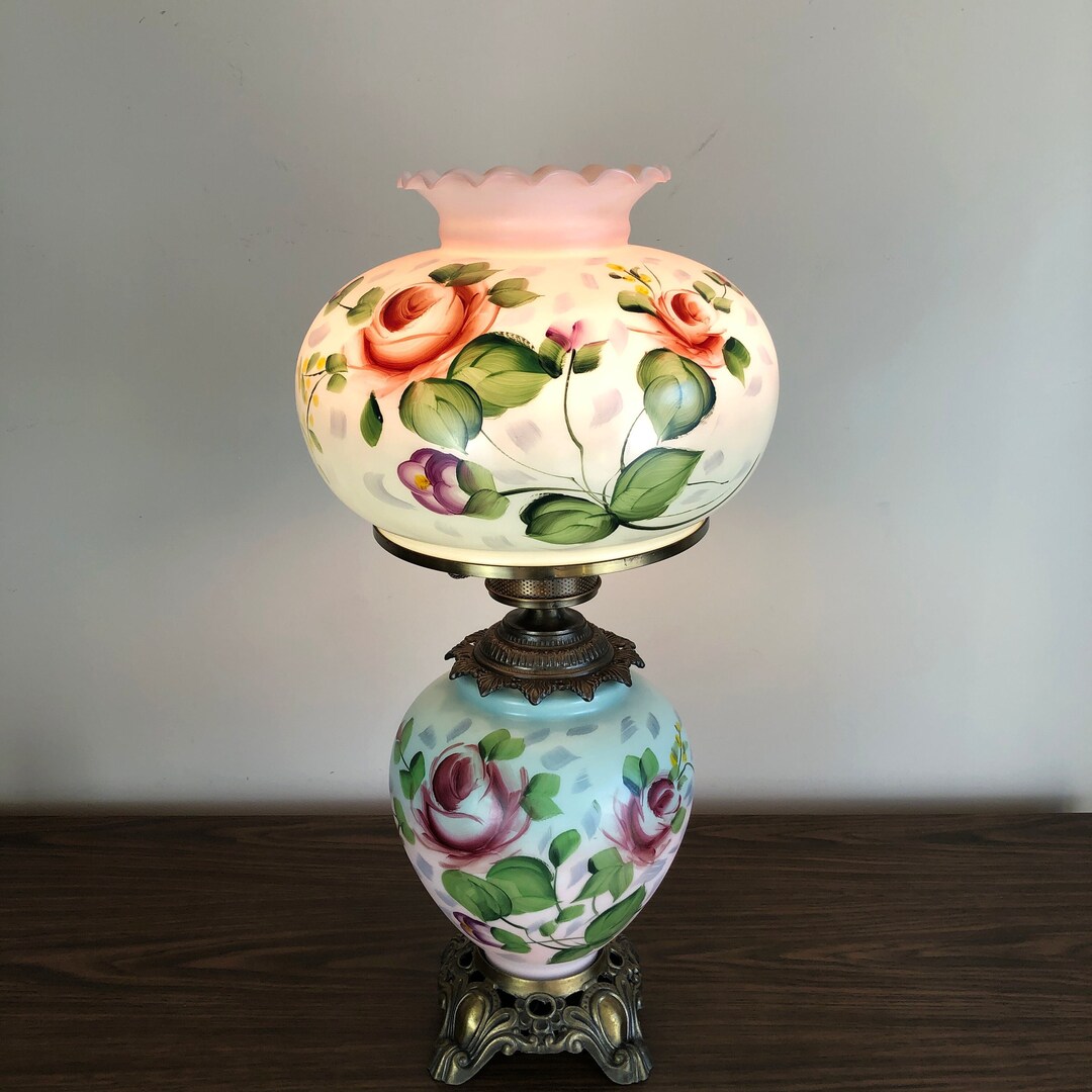 Large Vintage White Milk Glass Rose Hurricane Lamp, Hand Painted Roses ...