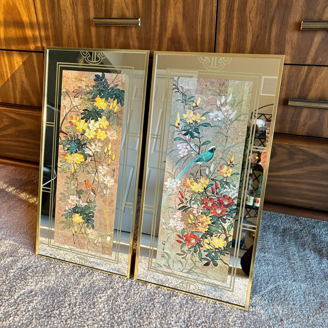 Vintage Pair Asian Floral Bird Wall Mirror, Hollywood Regency Style ...