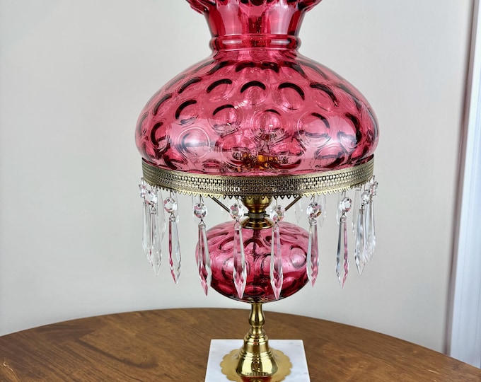 Vintage Fenton Cranberry Coin Dot Table Lamp Marble Base Crystal Prism ...