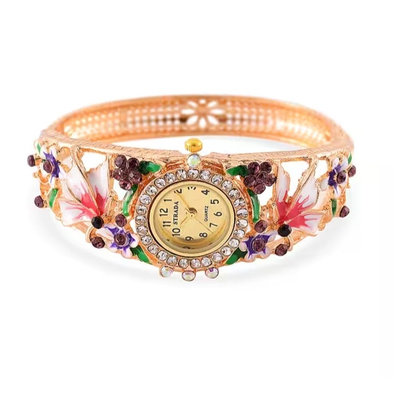 Floral Crystal Enamel Bangle Watch - Etsy UK