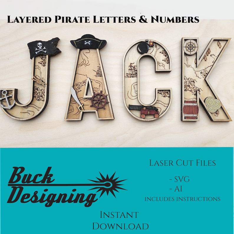 Layered Pirate Letter Set - ALPHABET - 26 Letters + 10 Numbers ...