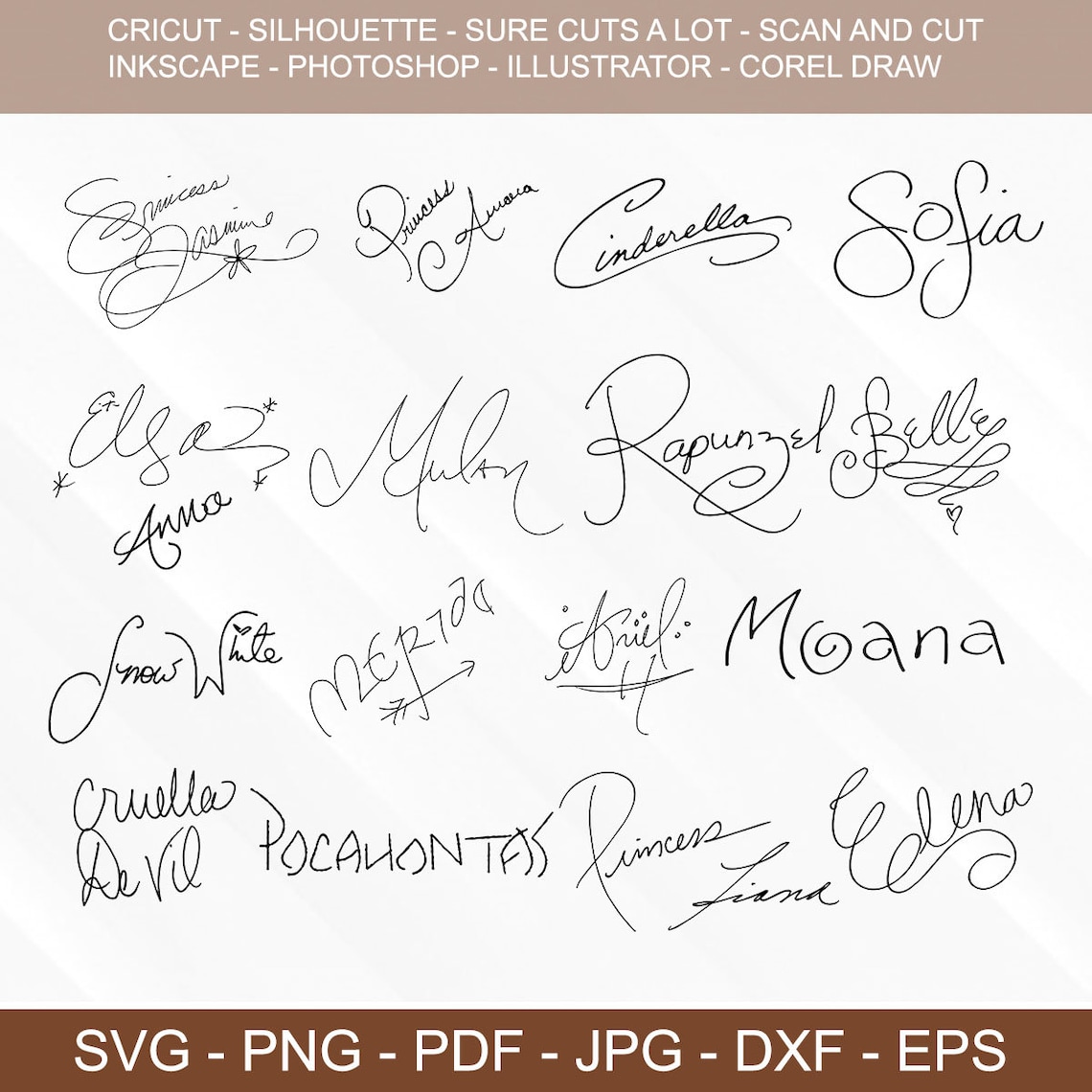 Disney Princess Signatures Bundle SVG PNG JPG Download | Etsy