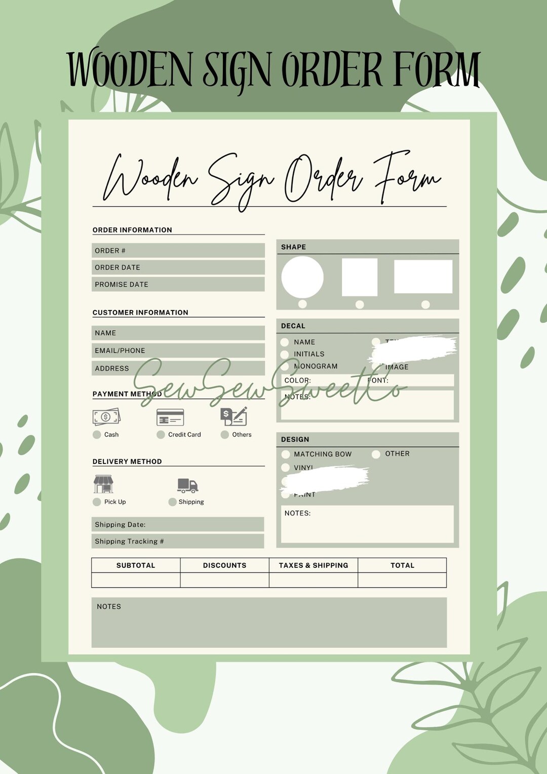 Printable Wooden Sign Order Form, Wooden Sign Order Form Sheet, Custom ...