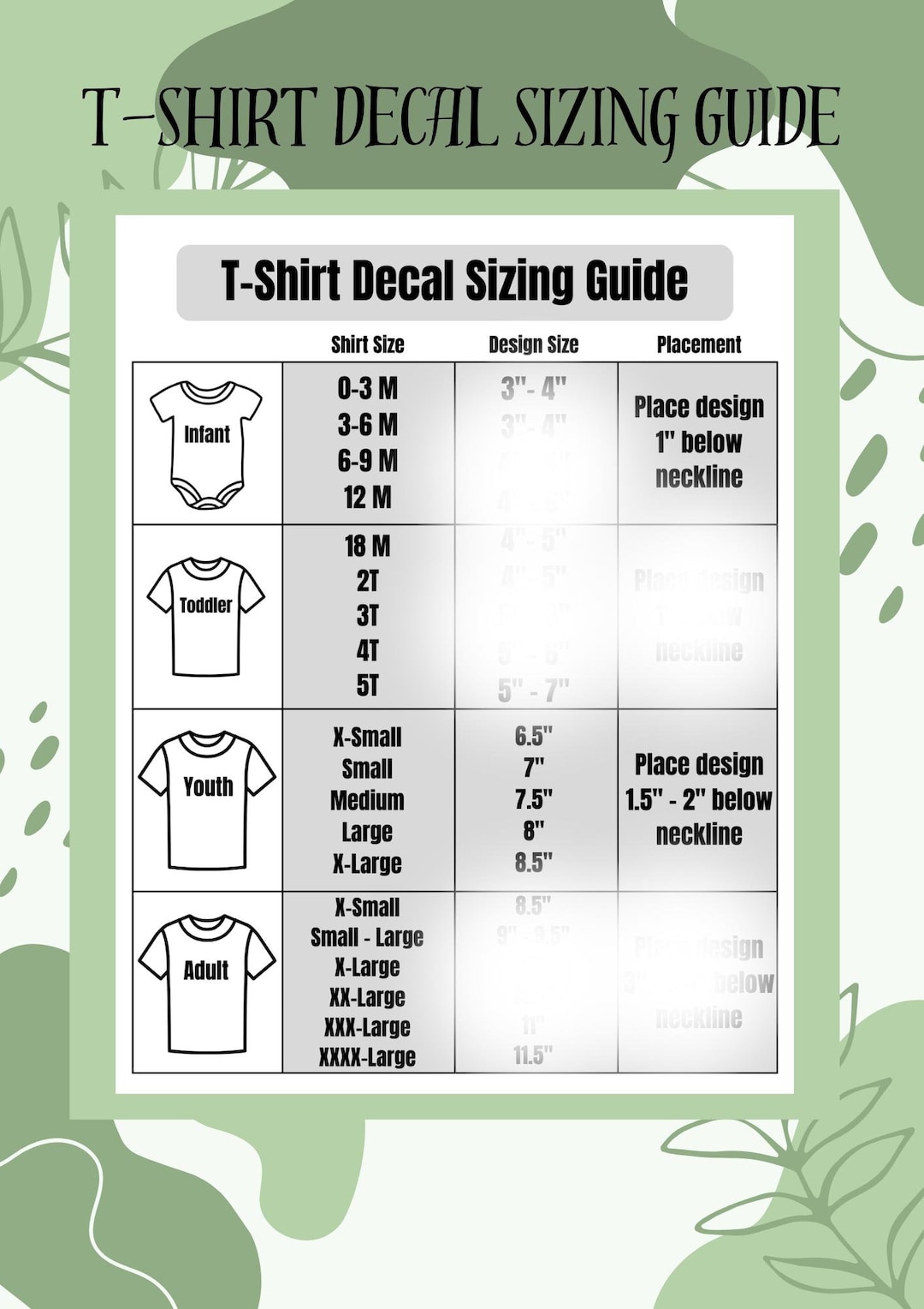 Printable HTV Sizing Chart, Cricut Cheat Sheet Decal Size Guide ...