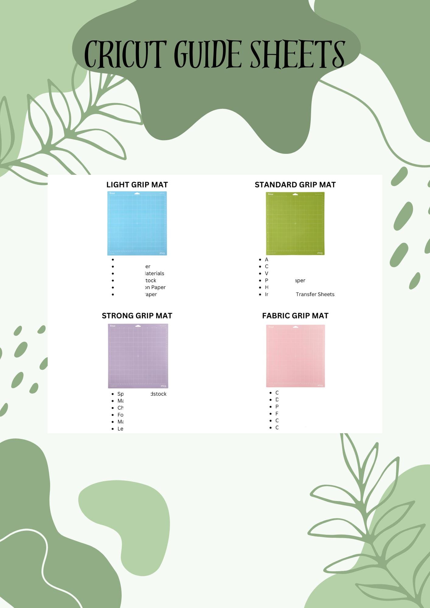 Cricut Guide Sheets, Cricut Blade Cheat Sheet, Cricut Mat Cheat Sheet ...