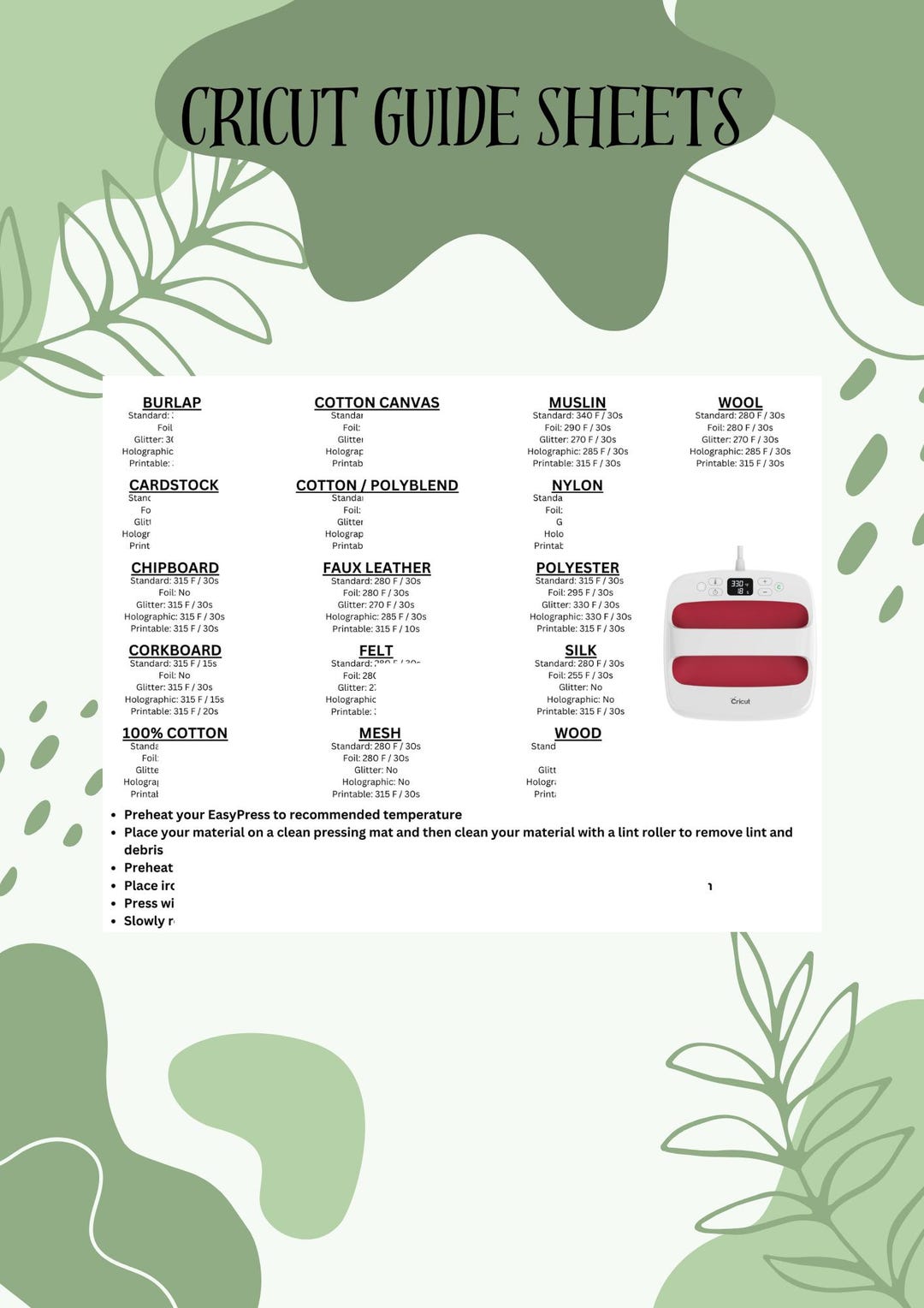 Cricut Guide Sheets, Cricut Blade Cheat Sheet, Cricut Mat Cheat Sheet ...