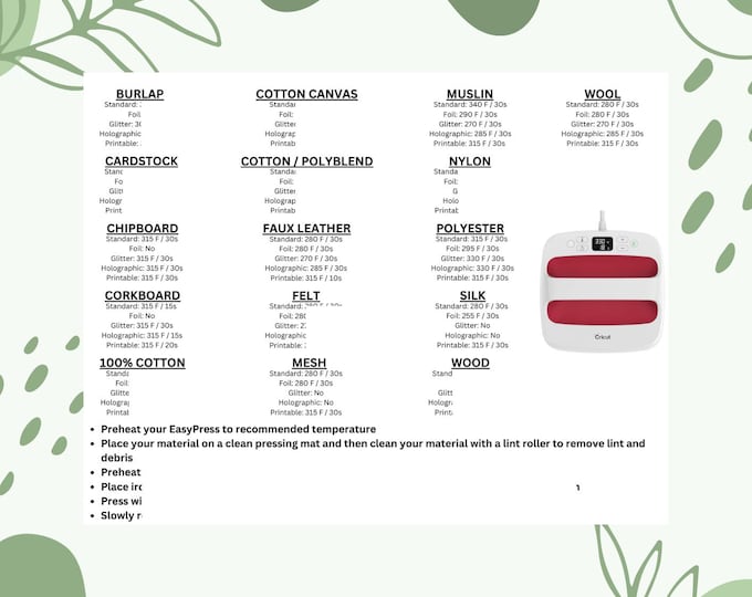 Printable HTV Sizing Chart, Cricut Cheat Sheet Decal Size Guide ...