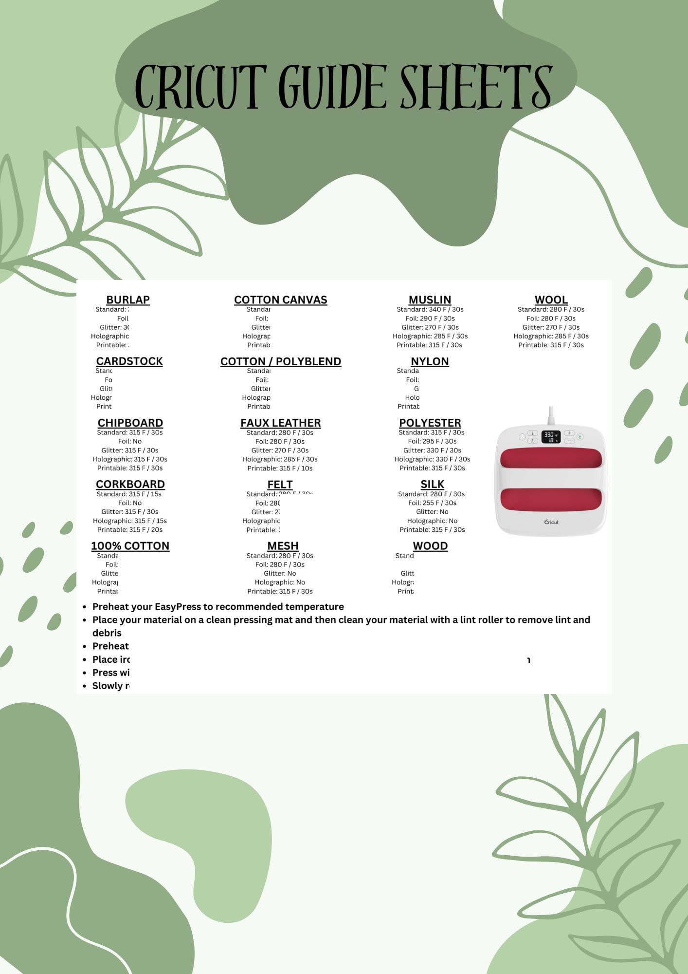 Cricut Guide Sheets, Cricut Blade Cheat Sheet, Cricut Mat Cheat Sheet ...