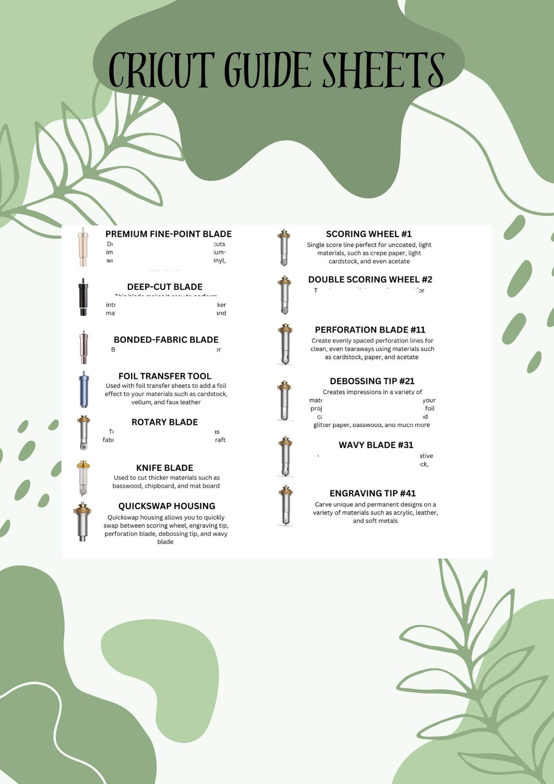 Cricut Guide Sheets, Cricut Blade Cheat Sheet, Cricut Mat Cheat Sheet ...