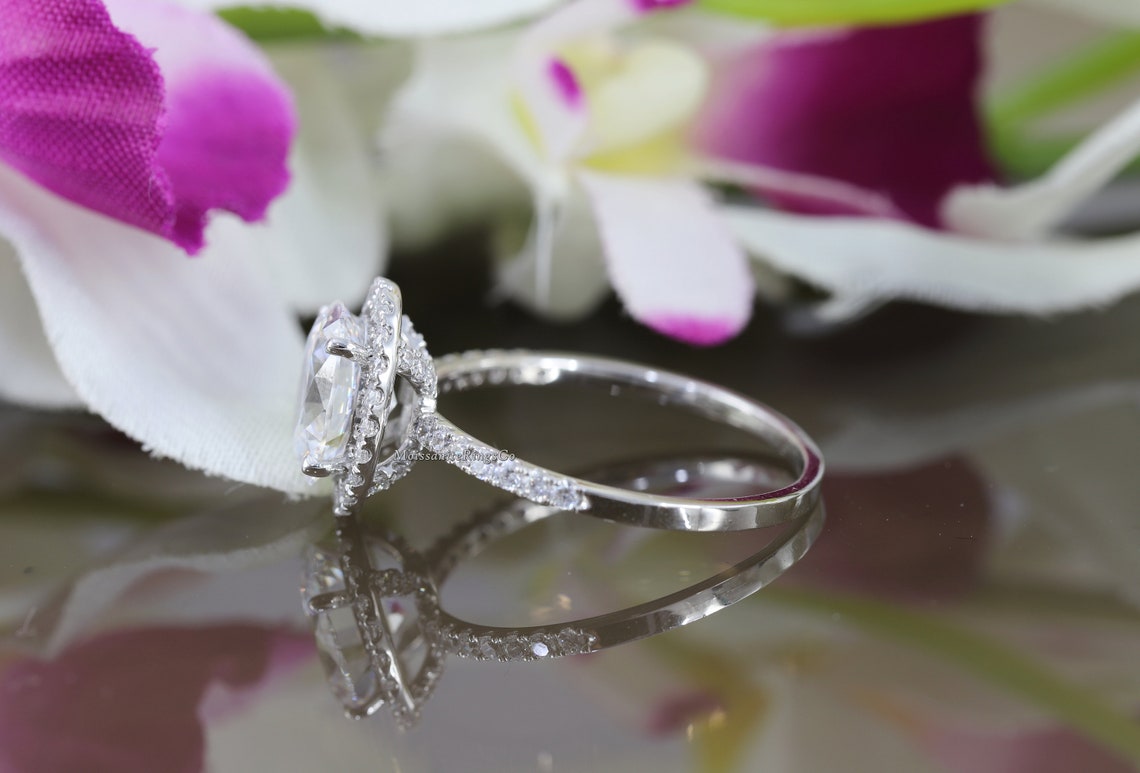 Halo Diamond Ring Solitaire With Accents Engagement Wedding | Etsy