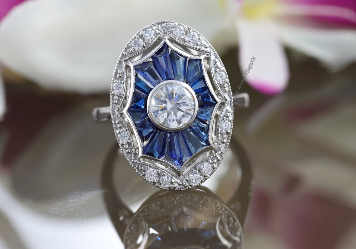 Vintage Art Deco Ring Round & Blue Sapphire Diamond Ring | Etsy