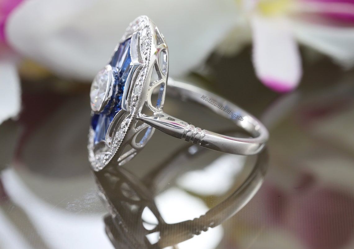 Vintage Art Deco Ring Round & Blue Sapphire Diamond Ring | Etsy