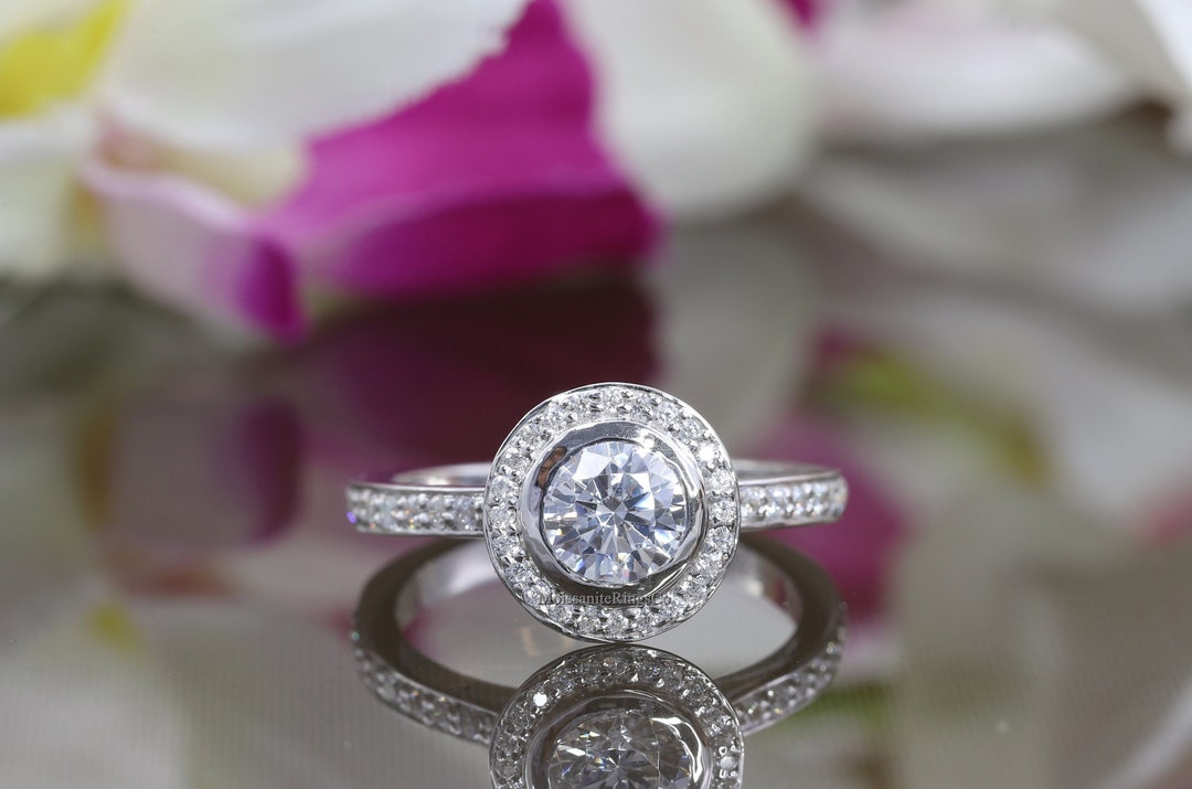 Halo Diamond Engagement Ring, Bezel Set Diamond 14K Solid White Gold ...