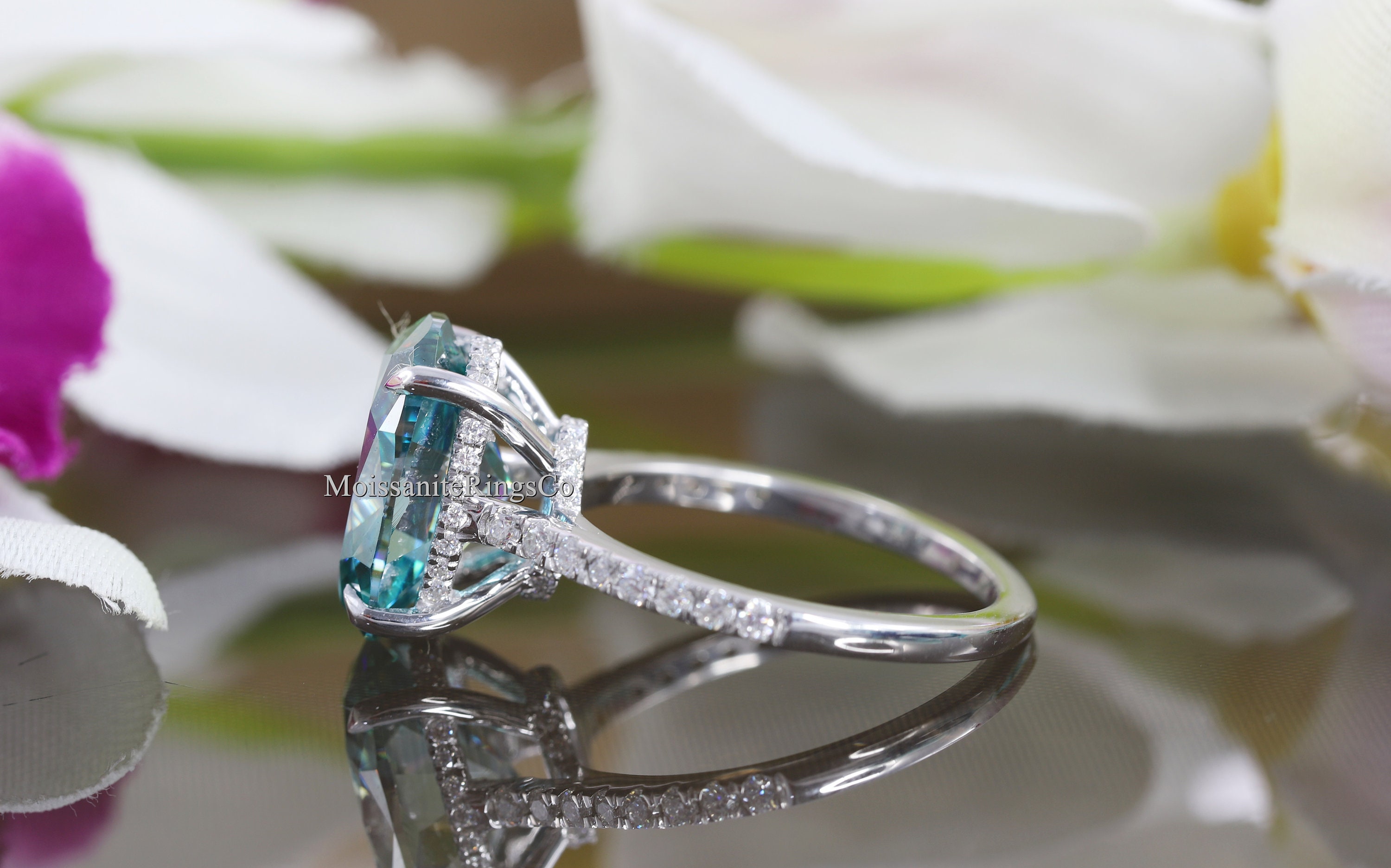 Hidden Halo Diamond Ring Oval Cyan Blue Moissanite Ring Claw | Etsy