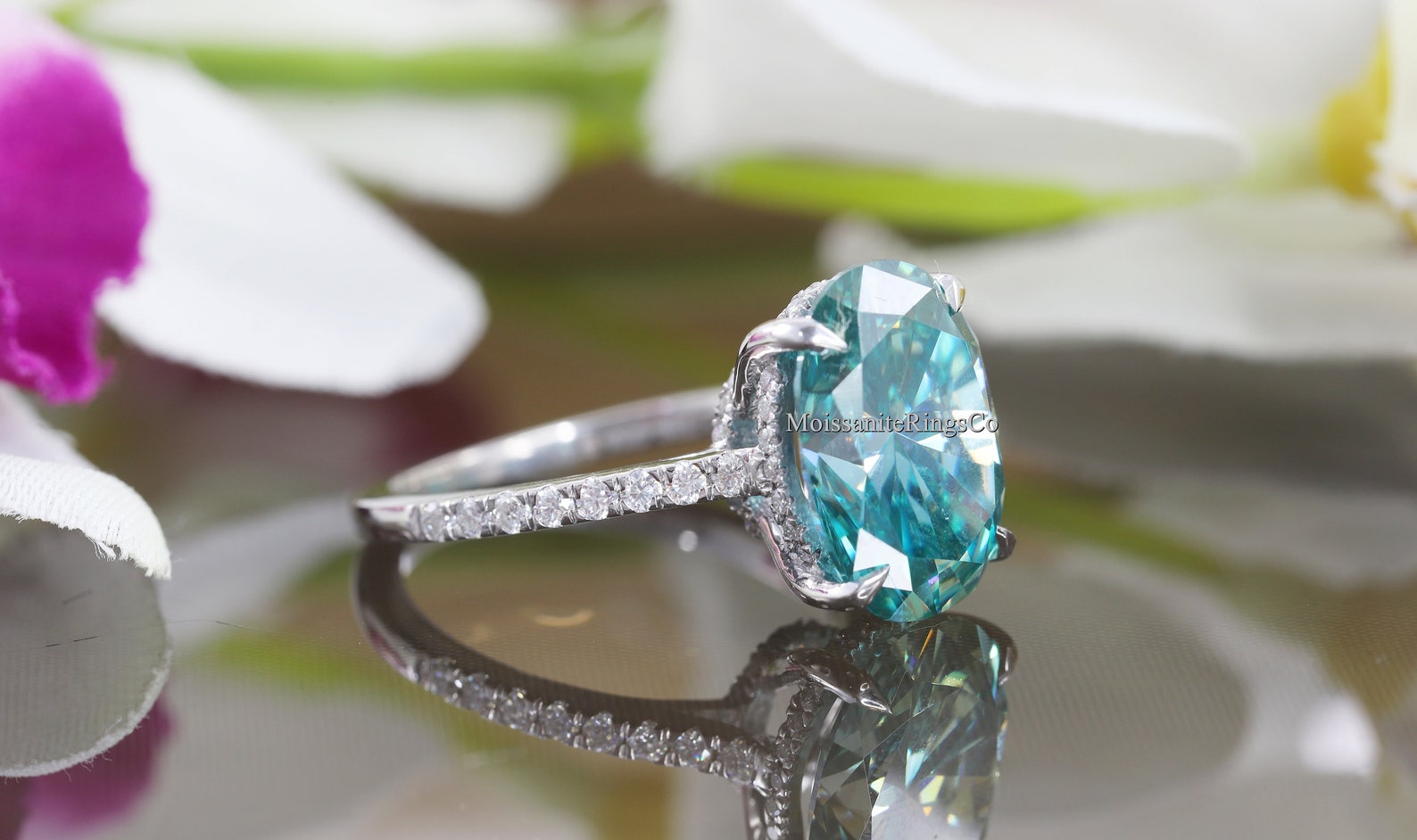 Hidden Halo Diamond Ring Oval Cyan Blue Moissanite Ring Claw | Etsy