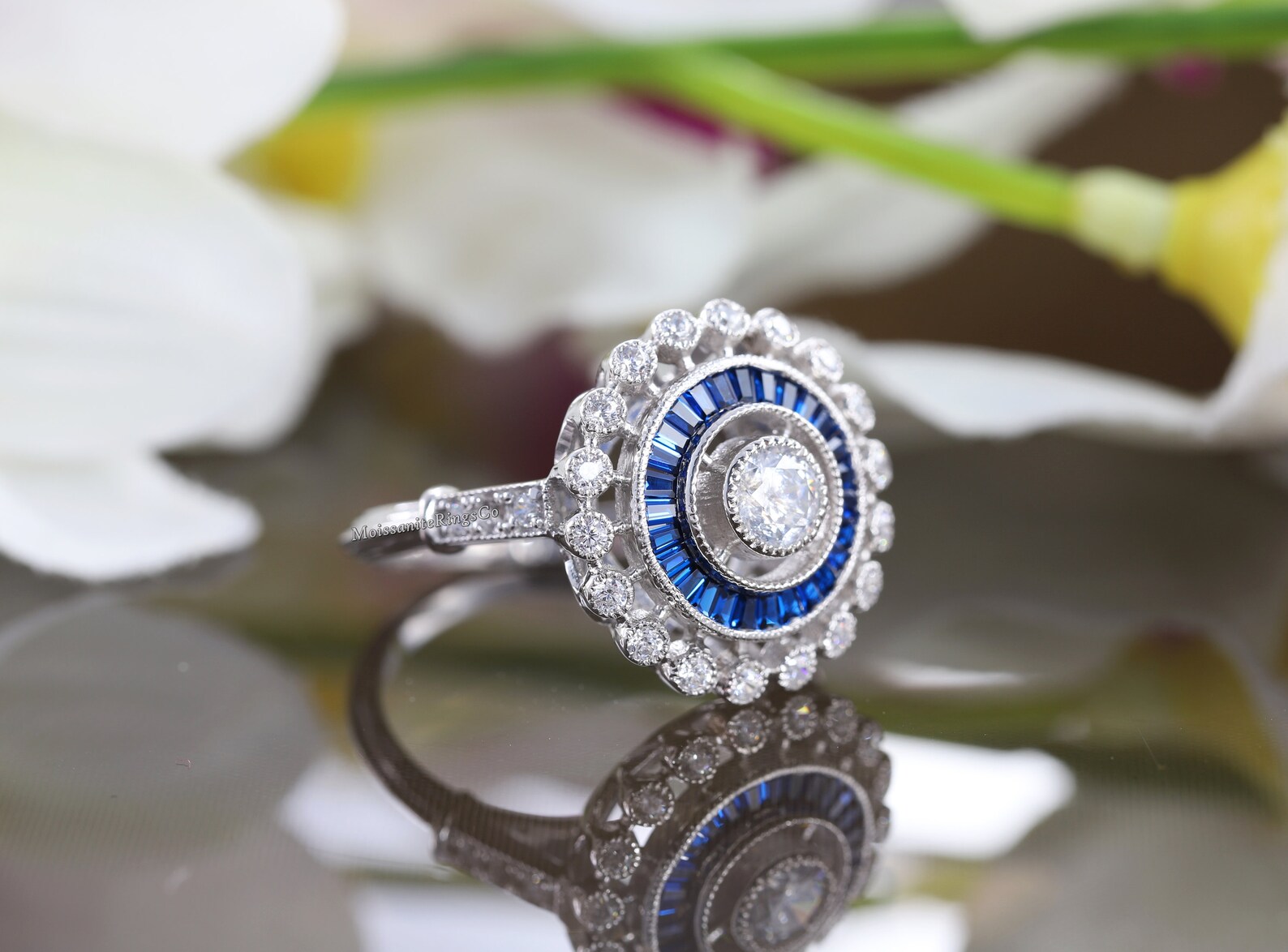 Vintage Art Deco Ring Round & Blue Sapphire Diamond Ring - Etsy
